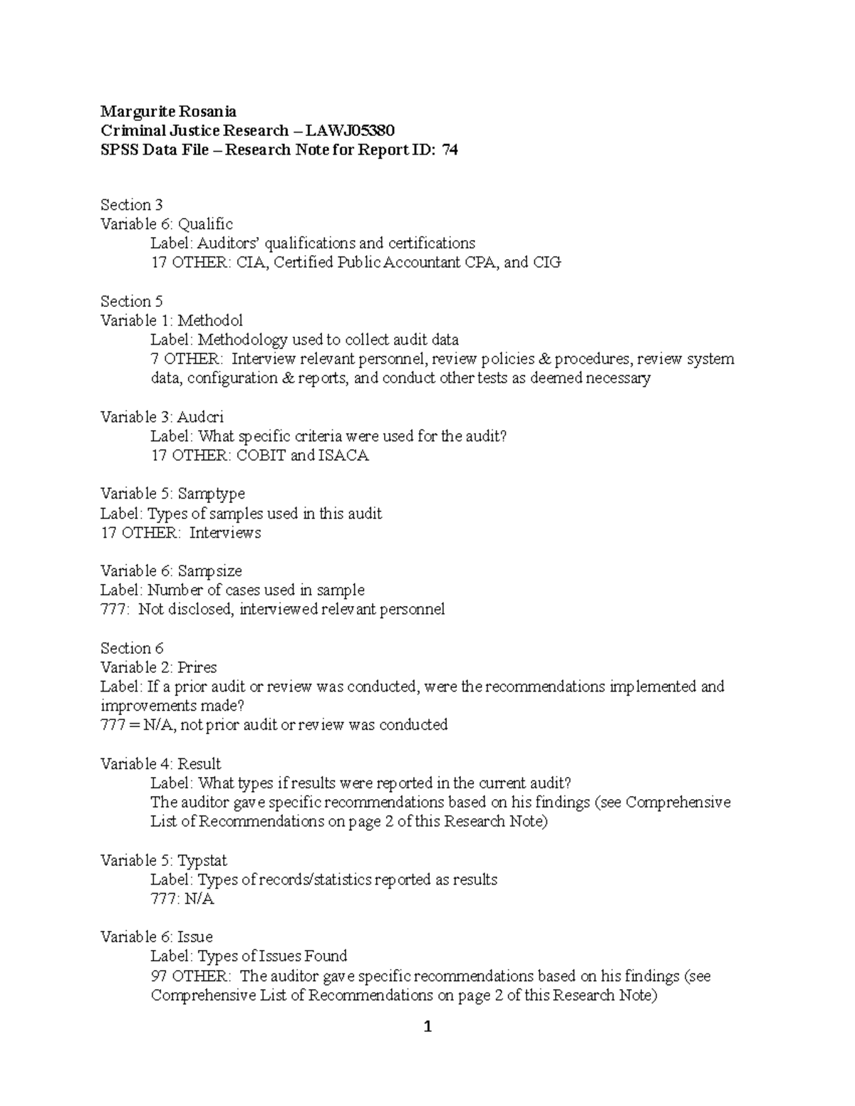 CJResearch - attachment to research paper - Margurite Rosania Criminal ...