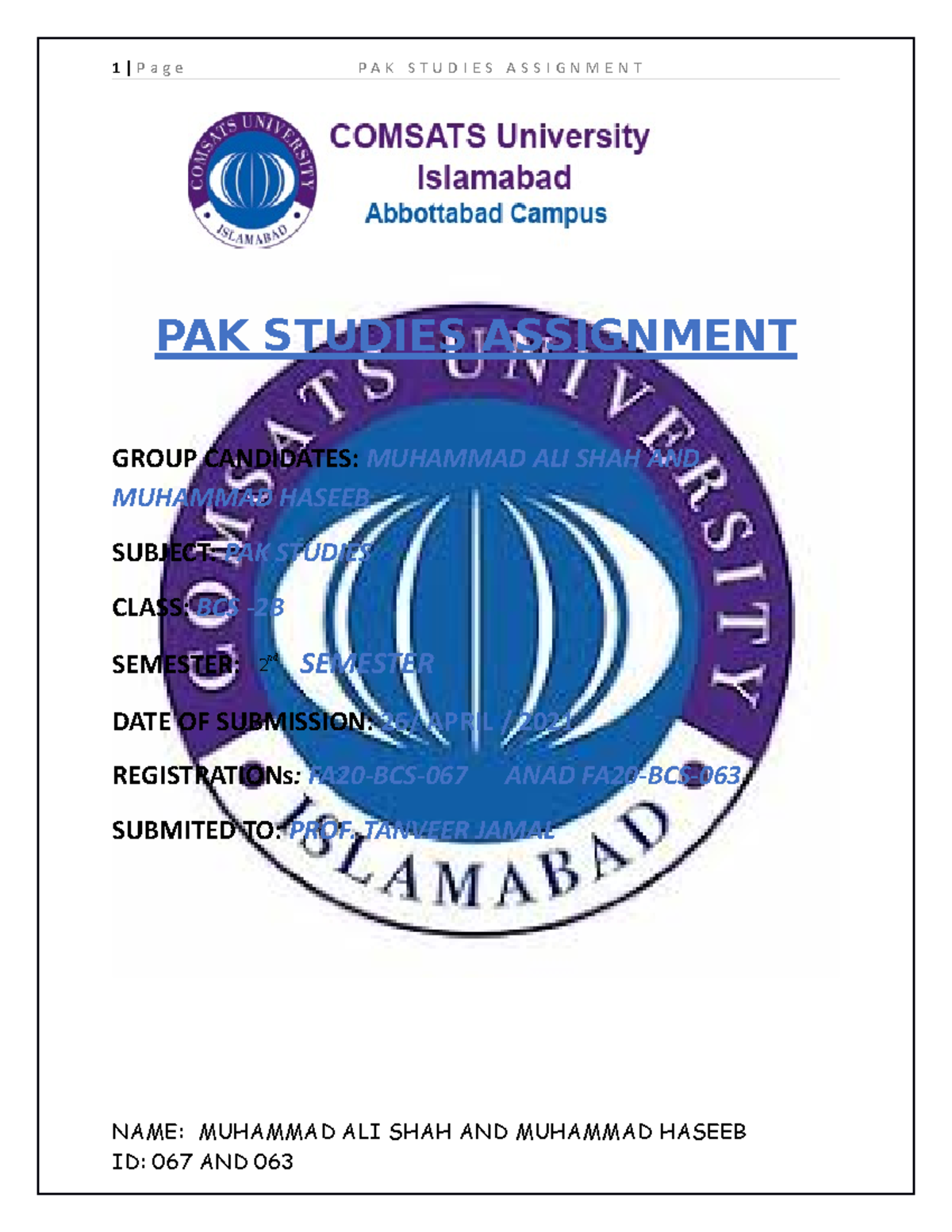 063 AND 067 PAK Studies Assignment 02 - PAK STUDIES ASSIGNMENT GROUP ...