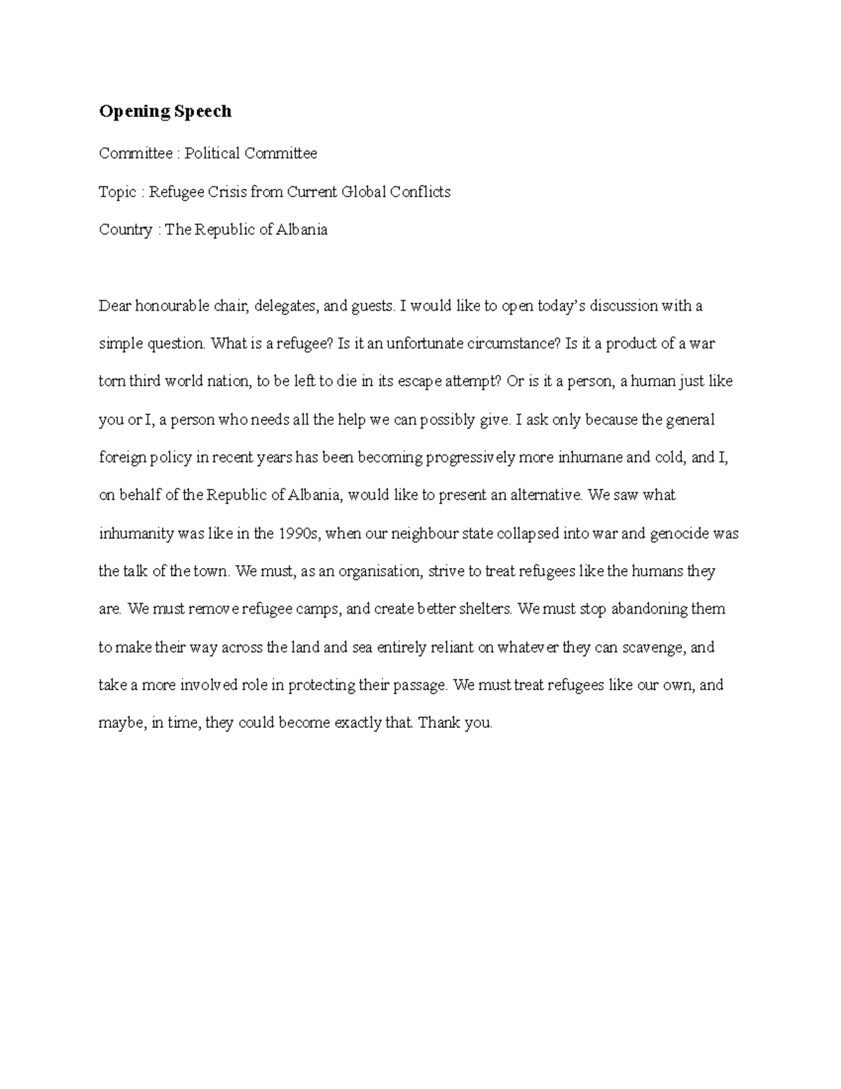 Model UN Speech - Opening Speech Committee : Political Committee Topic ...