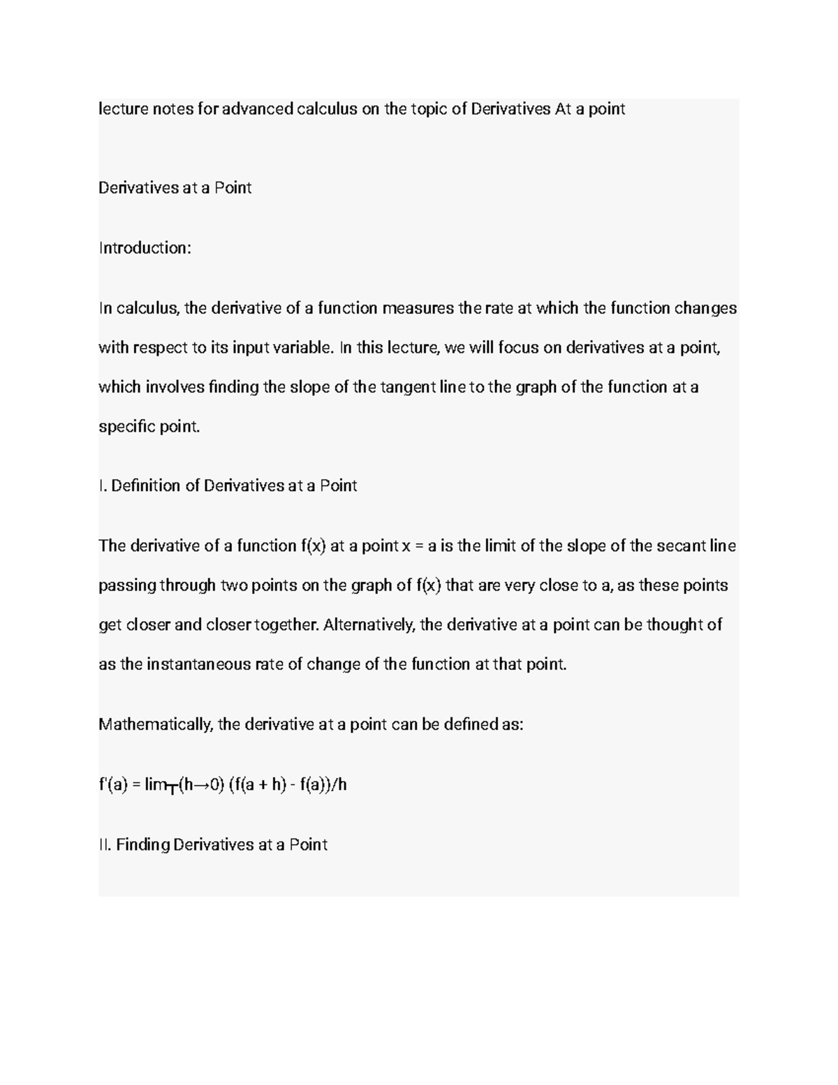 Lecture notes for advanced calculus on the topic of Derivatives At a ...