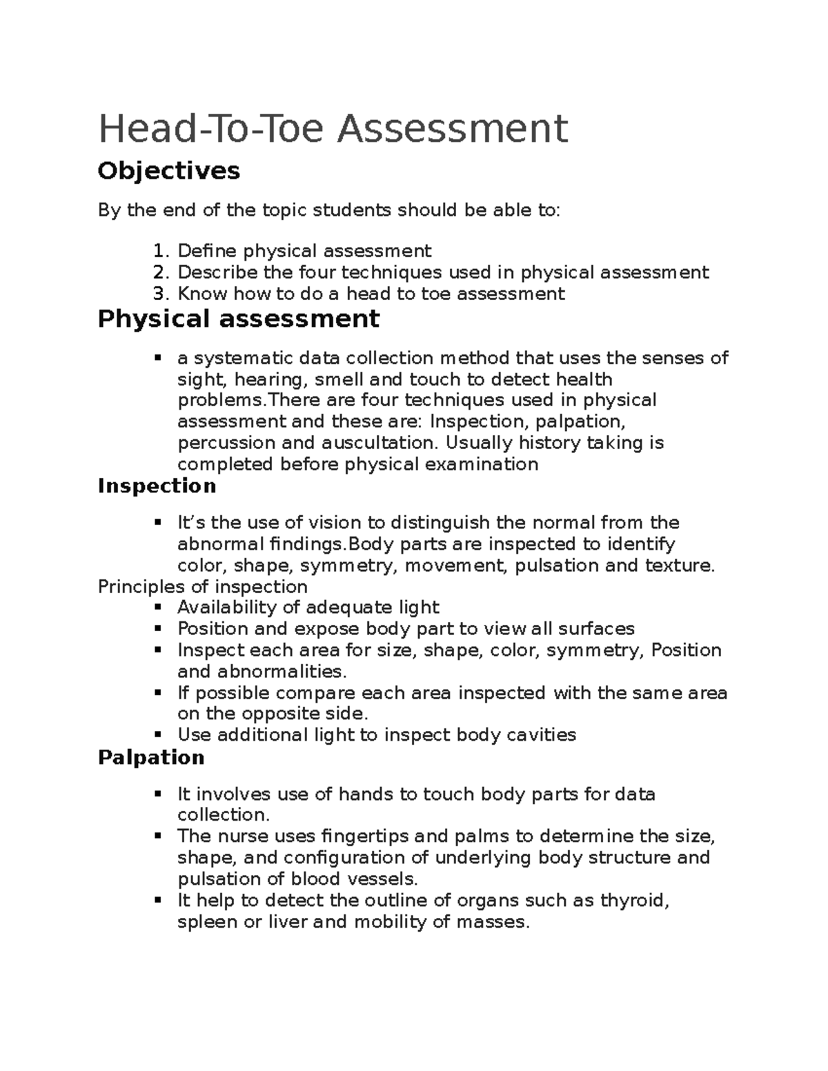 Head-To-Toe Assessment Nursing - Head-To-Toe Assessment Objectives By ...