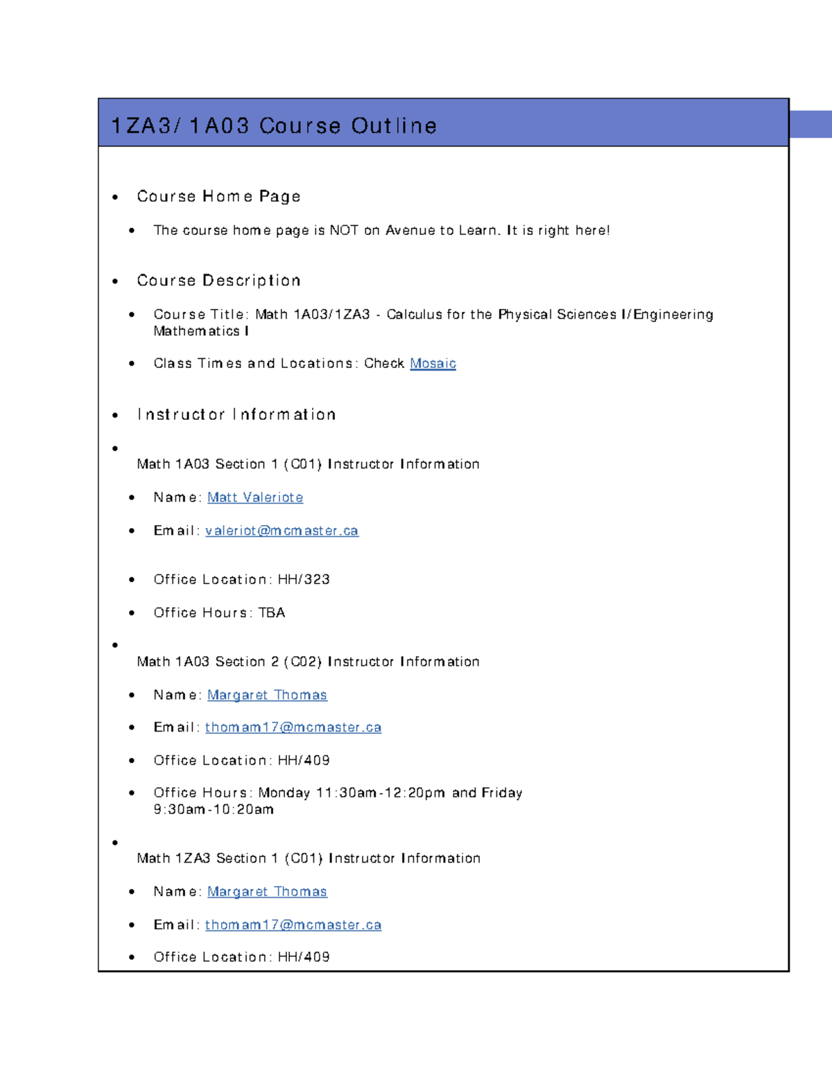 Math 1za3 fall 2018 - summerize - 1ZA3/1A03 Course Outline • Course ...