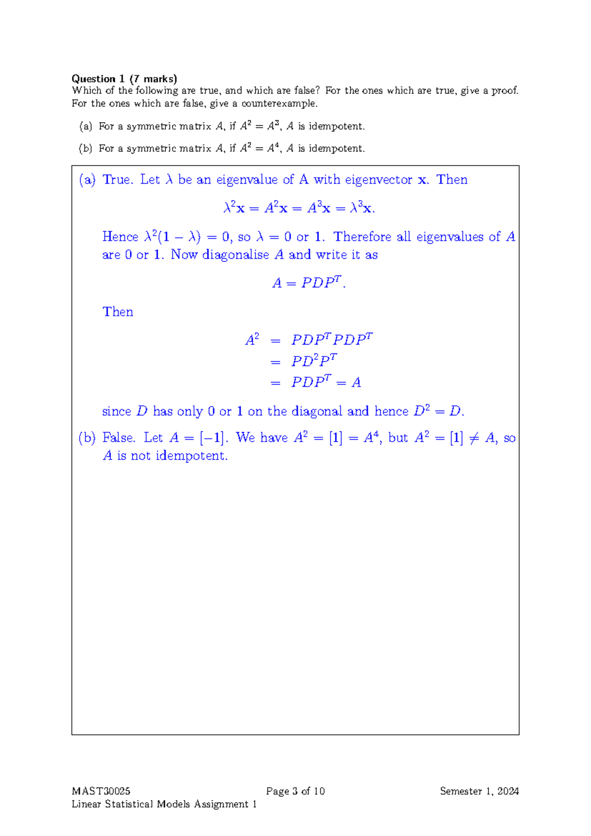 MAST30025 assignment 1sol 2024 - Question 1 (7 marks) Which of the following are true, and which ...
