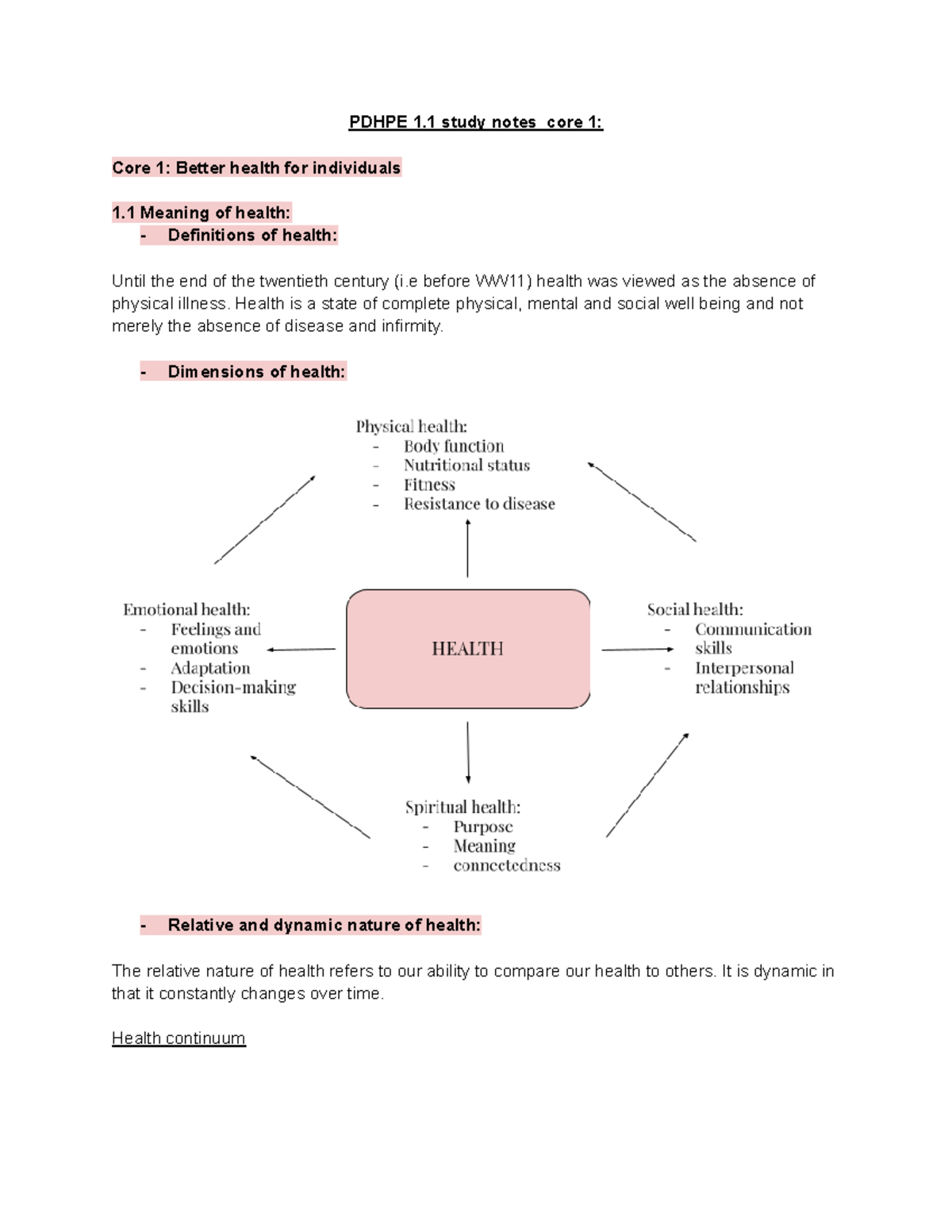 YEAR 11 Pdhpe Notes - PDHPE 1 study notes core 1: Core 1: Better health ...