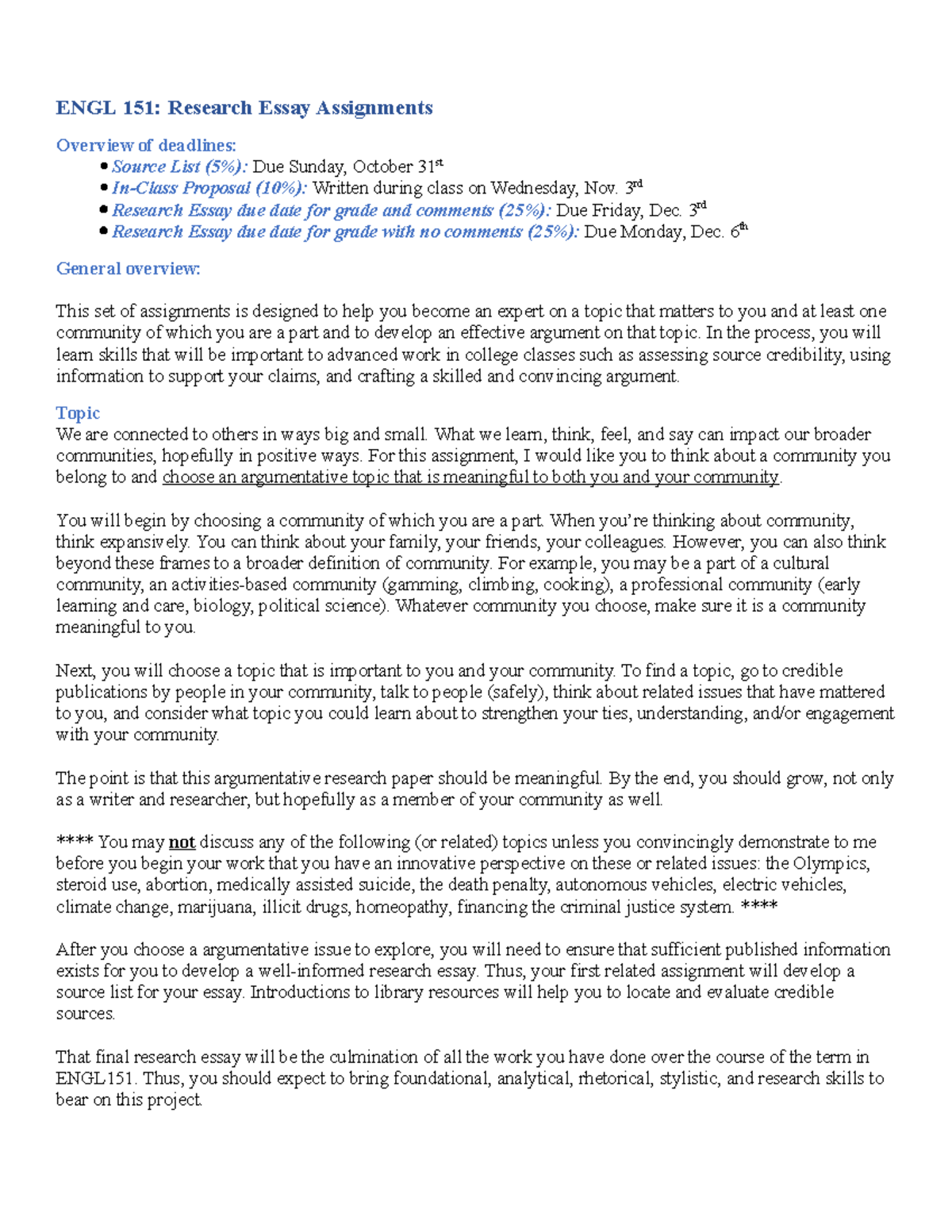 Research Essay Assignment F2021 Overview Engl151-005 - ENGL 151 ...