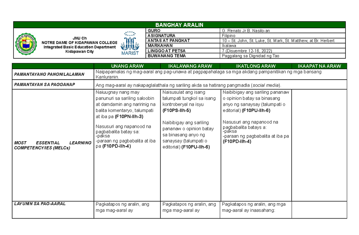 Filipino 10- LP - week 8 - ssdadafafa - BANGHAY ARALIN JMJ Ch NOTRE DAME OF KIDAPAWAN COLLEGE ...
