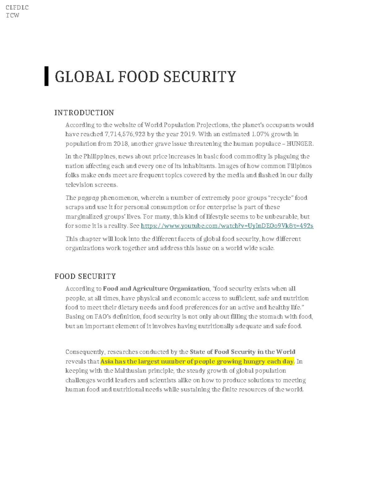 Global Food Security (Readings) - CLFDLC TCW GLOBAL FOOD SECURITY ...
