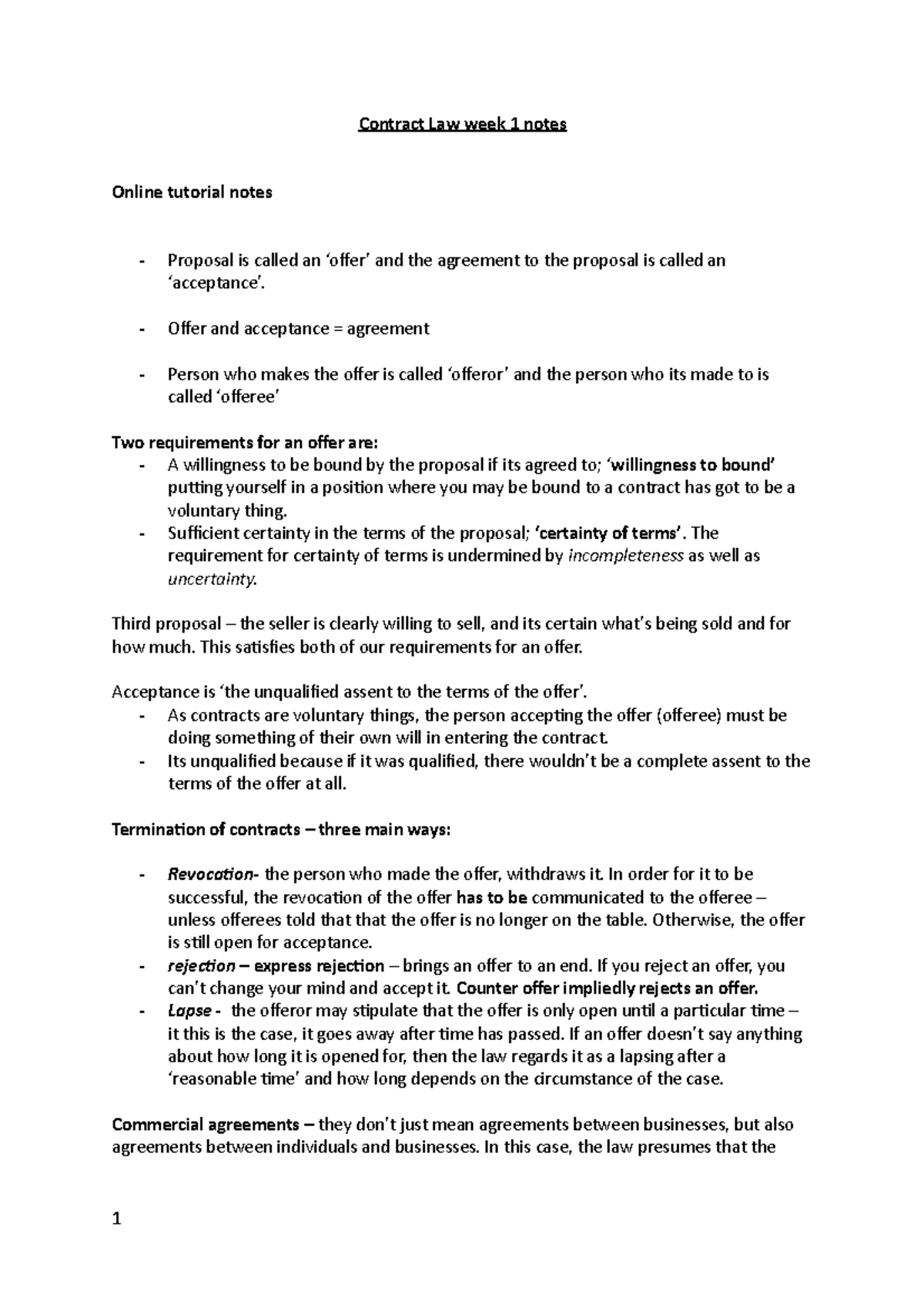 Contract Law notes final week 1 - 4 - Contract Law week 1 notes Online ...