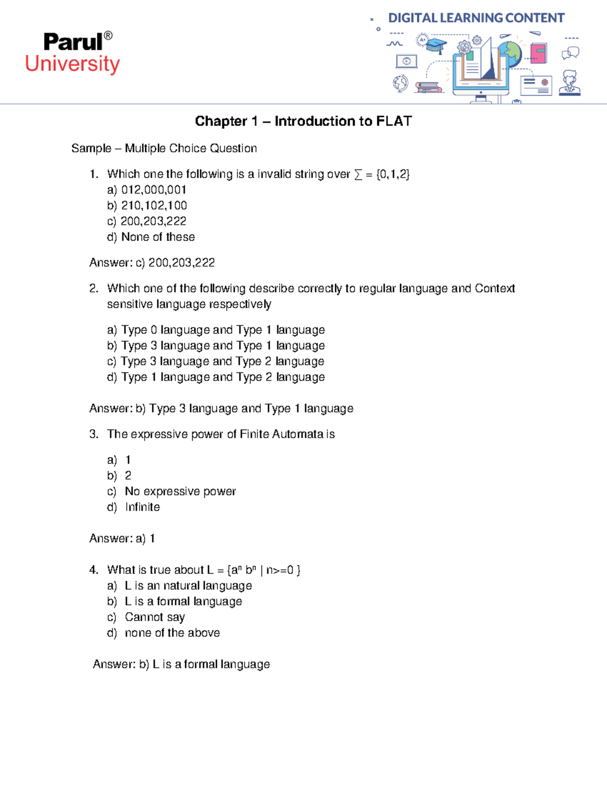 Assessment 203105305-1-1 - Chapter 1 – Introduction to FLAT Sample – Multiple Choice Question 1 ...
