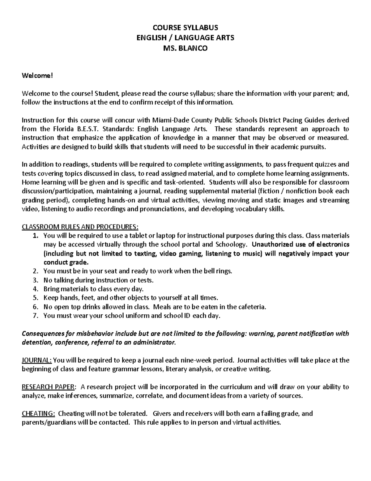 Course Syllabus 2022 - Yes - COURSE SYLLABUS ENGLISH / LANGUAGE ARTS MS ...