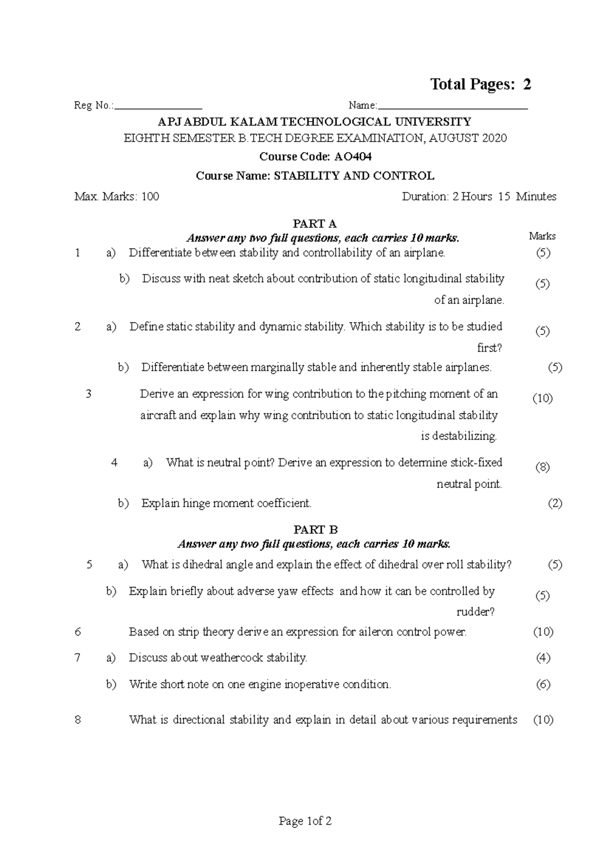Model Question paper of Stability & Control - Page 1of 2 Reg No.: Total ...