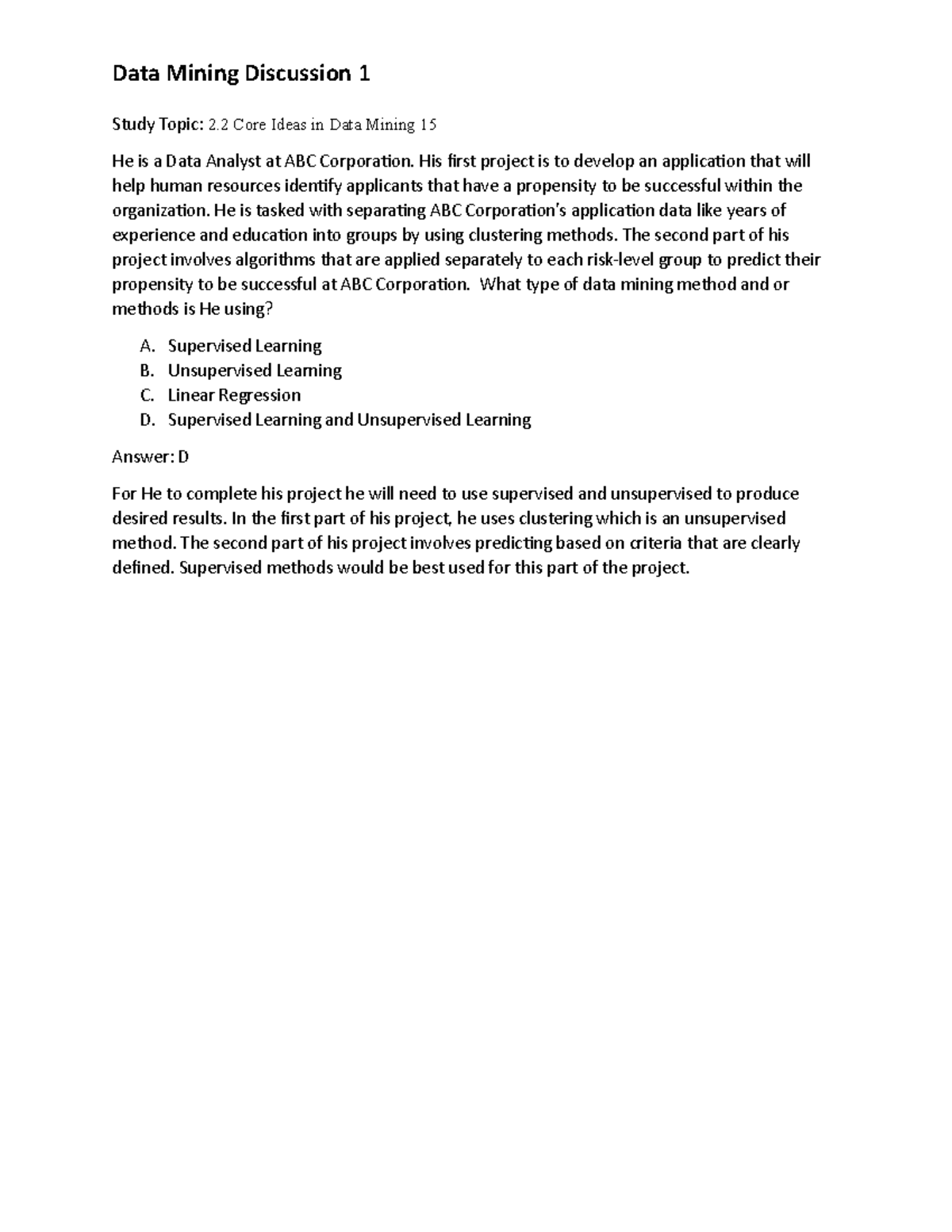 DMD1 - problems at back of book - Data Mining Discussion 1 Study Topic ...