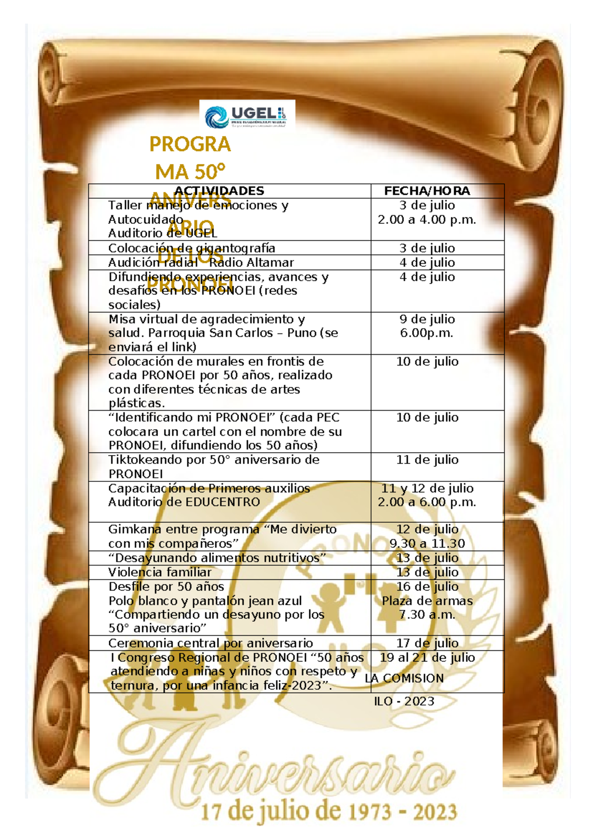 Programa 50 aniversario oky - PROGRA MA 50° ANIVERS ARIO DE LOS PRONOEI LA COMISION ILO - 2023 ...