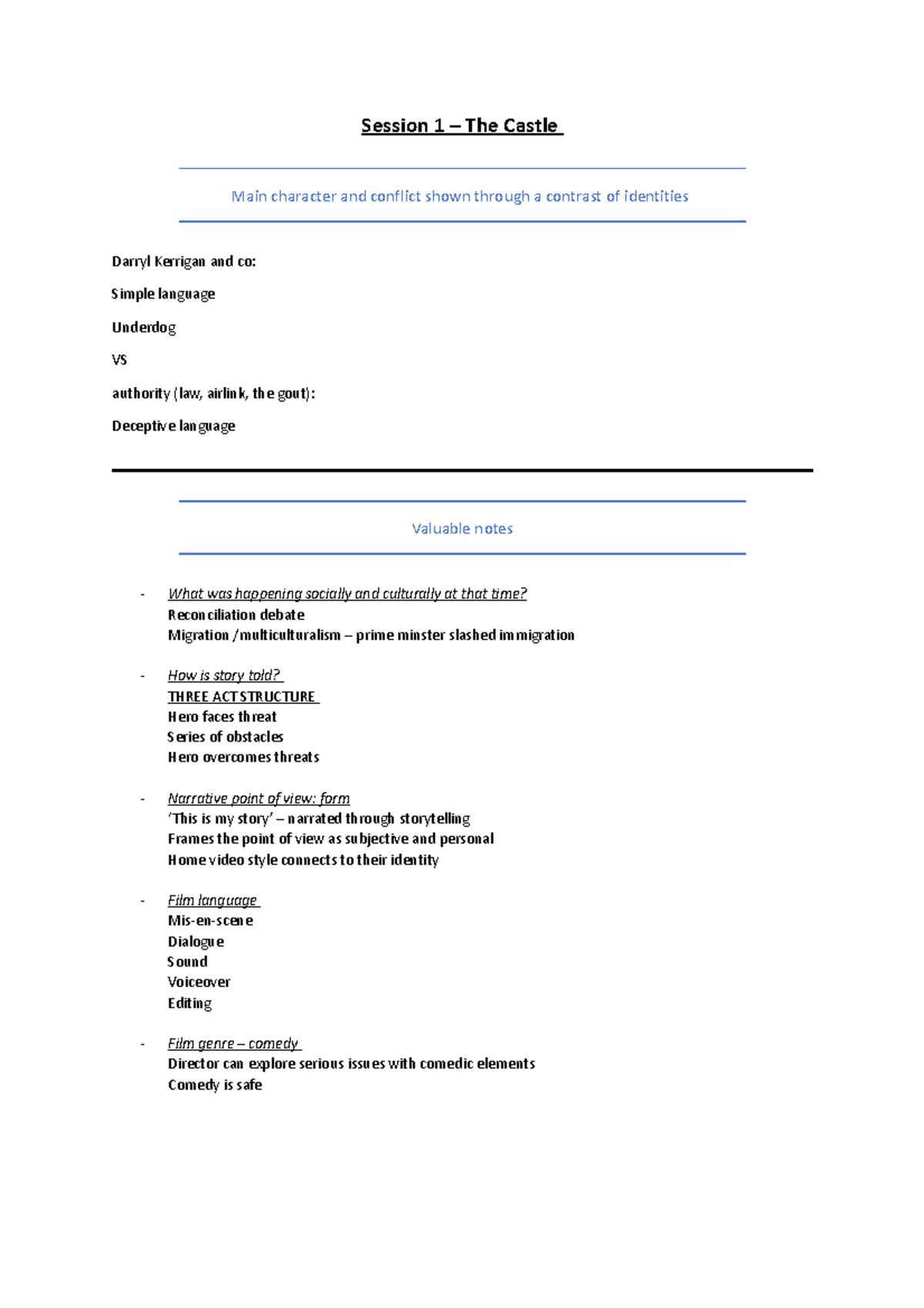 Session 1 - The Castle - Session 1 – The Castle Main character and ...