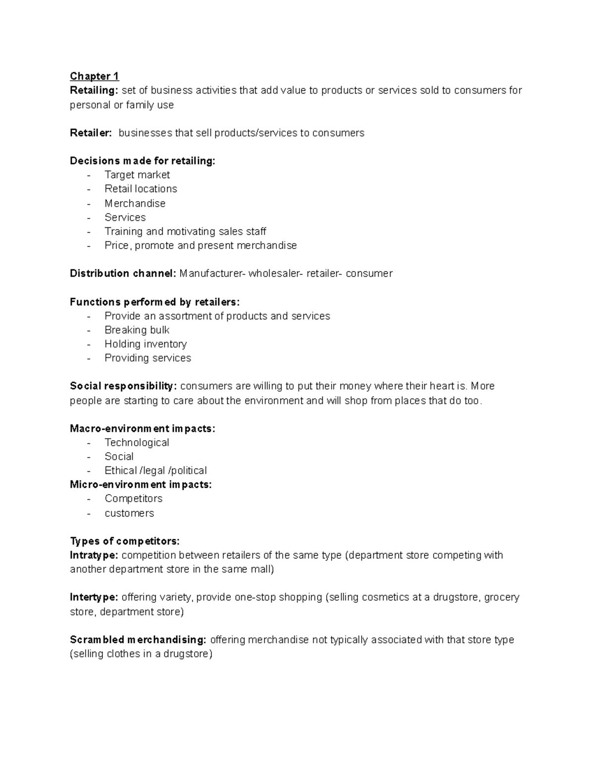 Retailing test 1 - Marketing presentation - Chapter 1 Retailing: set of ...