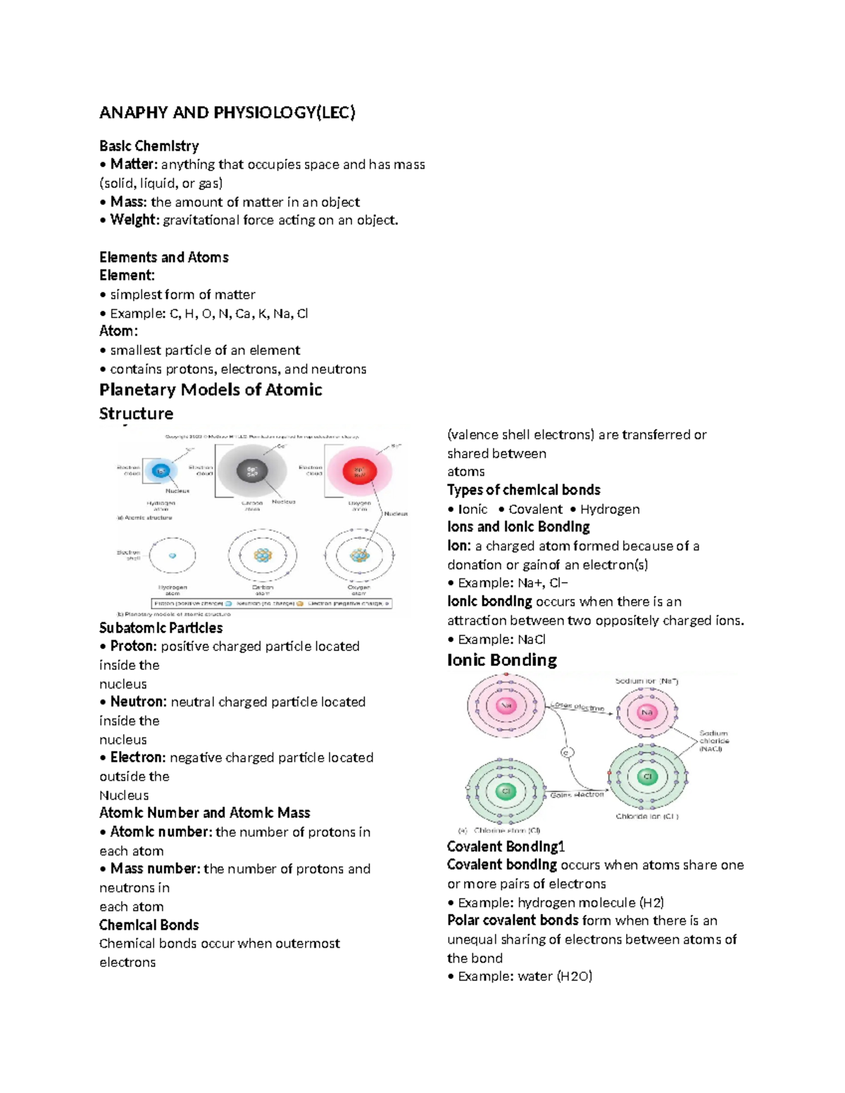Anaphy AND Physiology Notes CHAP 2 - ANAPHY AND PHYSIOLOGY(LEC) Basic ...