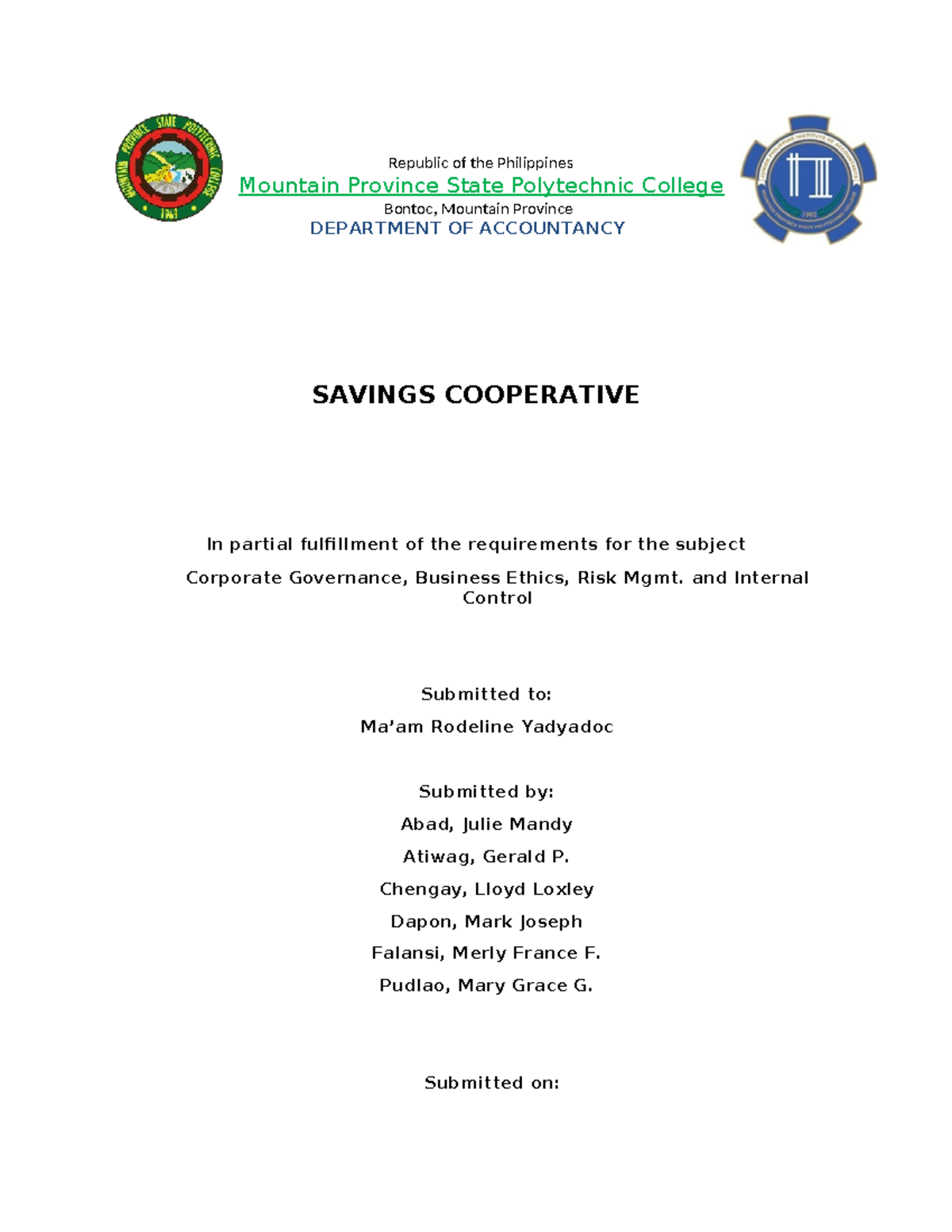 Savings - Summary accountancy - Republic of the Philippines Mountain ...