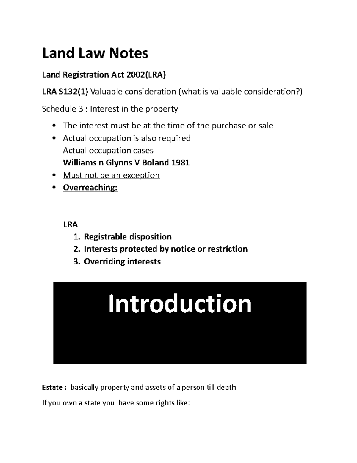 Land Law Notes - Land Law Notes Land Registration Act 2002(LRA) LRA ...