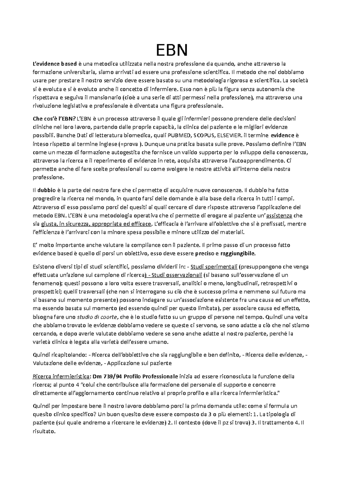 EBN - Riassunti evidence base nursing - EBN L’evidence based è una ...
