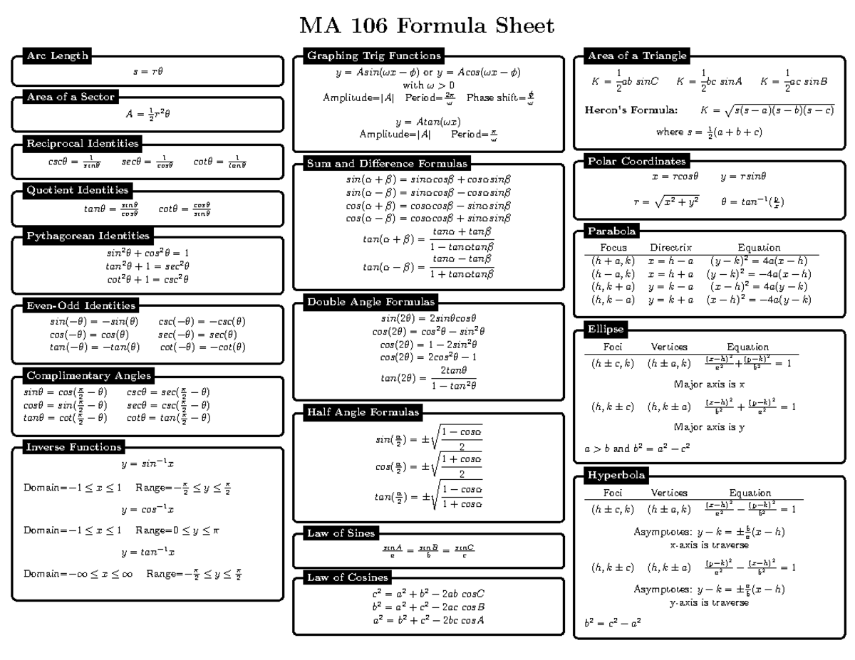 MA 106 Formula Sheet - MA 106 Formula Sheet s = rθ Arc Length A = 12 r ...