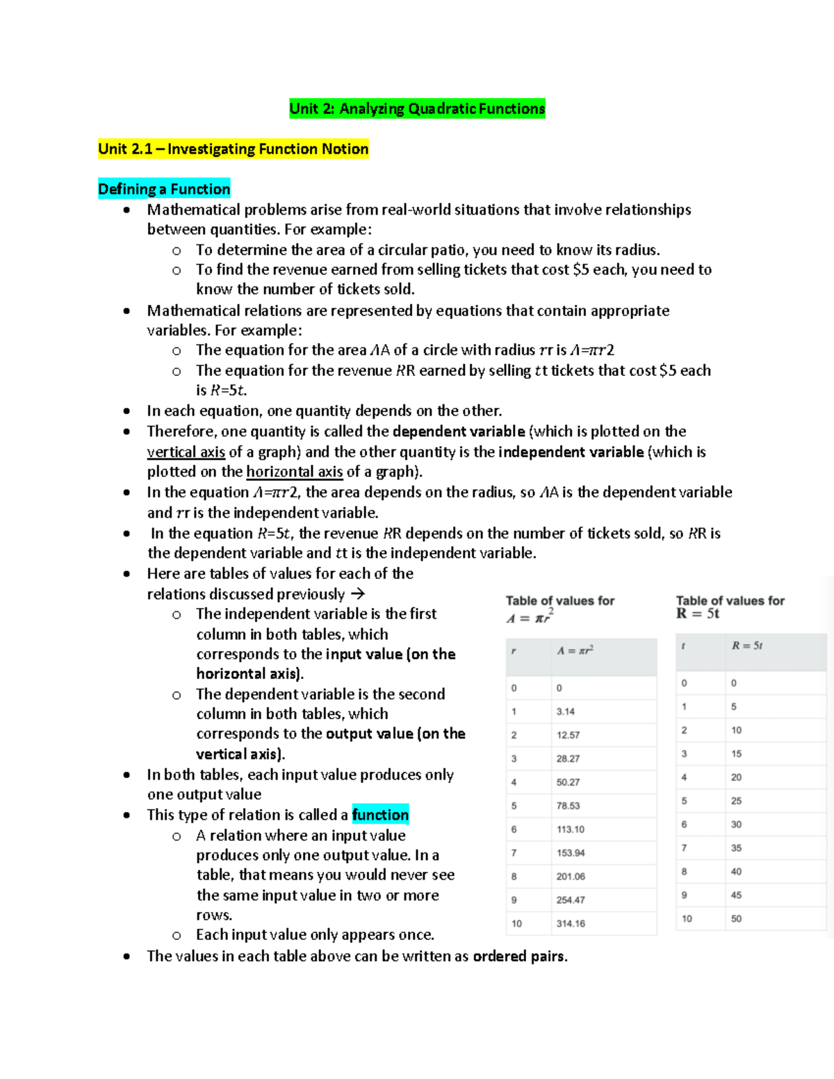 Unit 2 - COURSE WORK - Unit 2: Analyzing Quadratic Functions Unit 2 ...