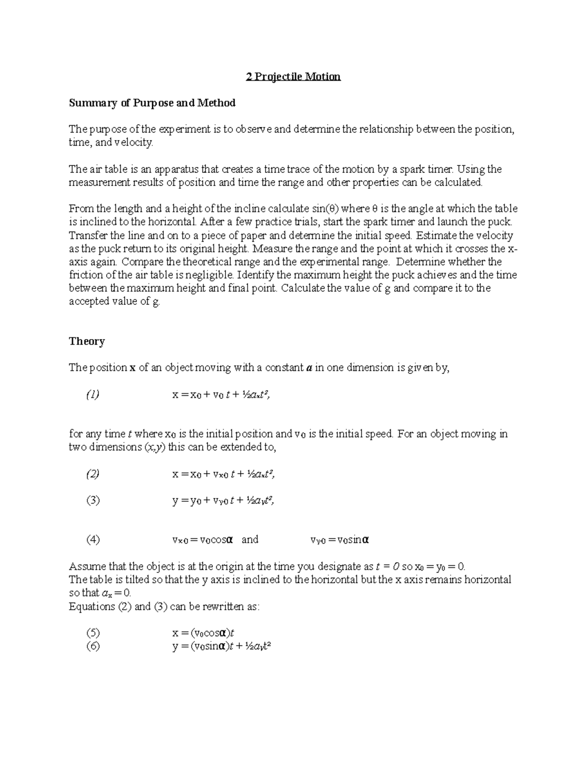 Lab 2 Projectile Motion - 2 Projectile Motion Summary of Purpose and ...