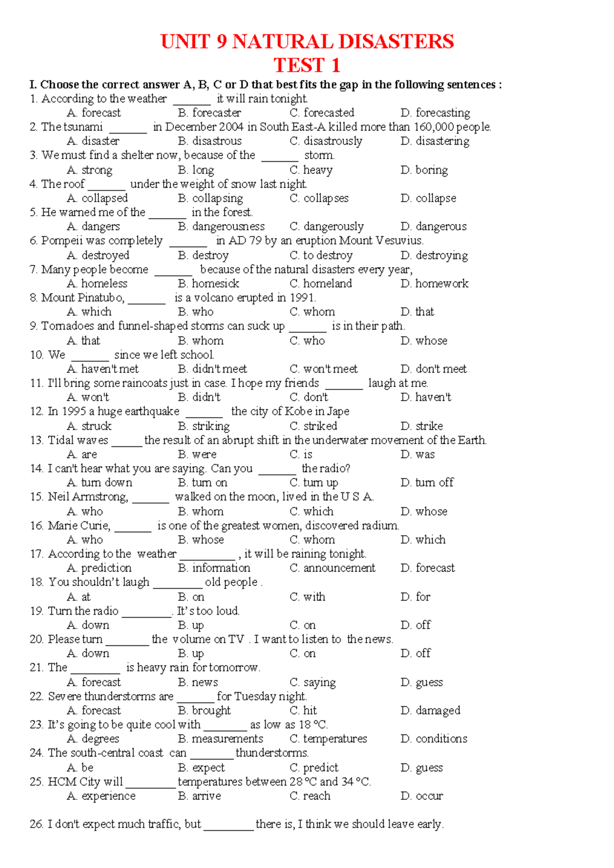 English 9 UNIT 9 Natural Disasters TEST 1-1 - UNIT 9 NATURAL DISASTERS ...