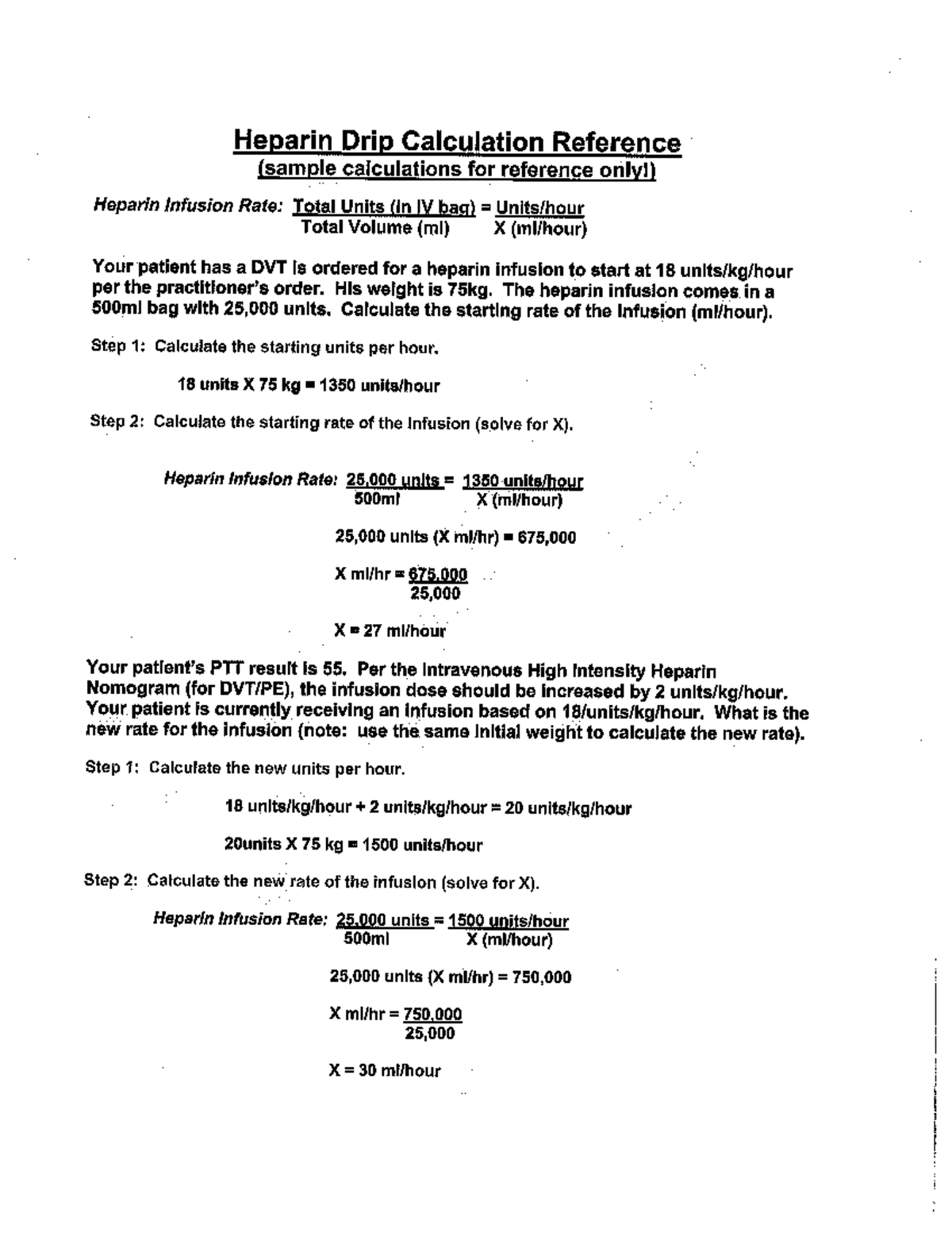 Heparin gtt calculation reference - Studocu