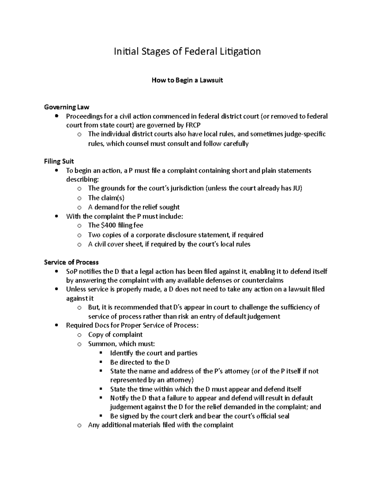 Initial Stages Of Federal Litigation The P Can Properly Effect