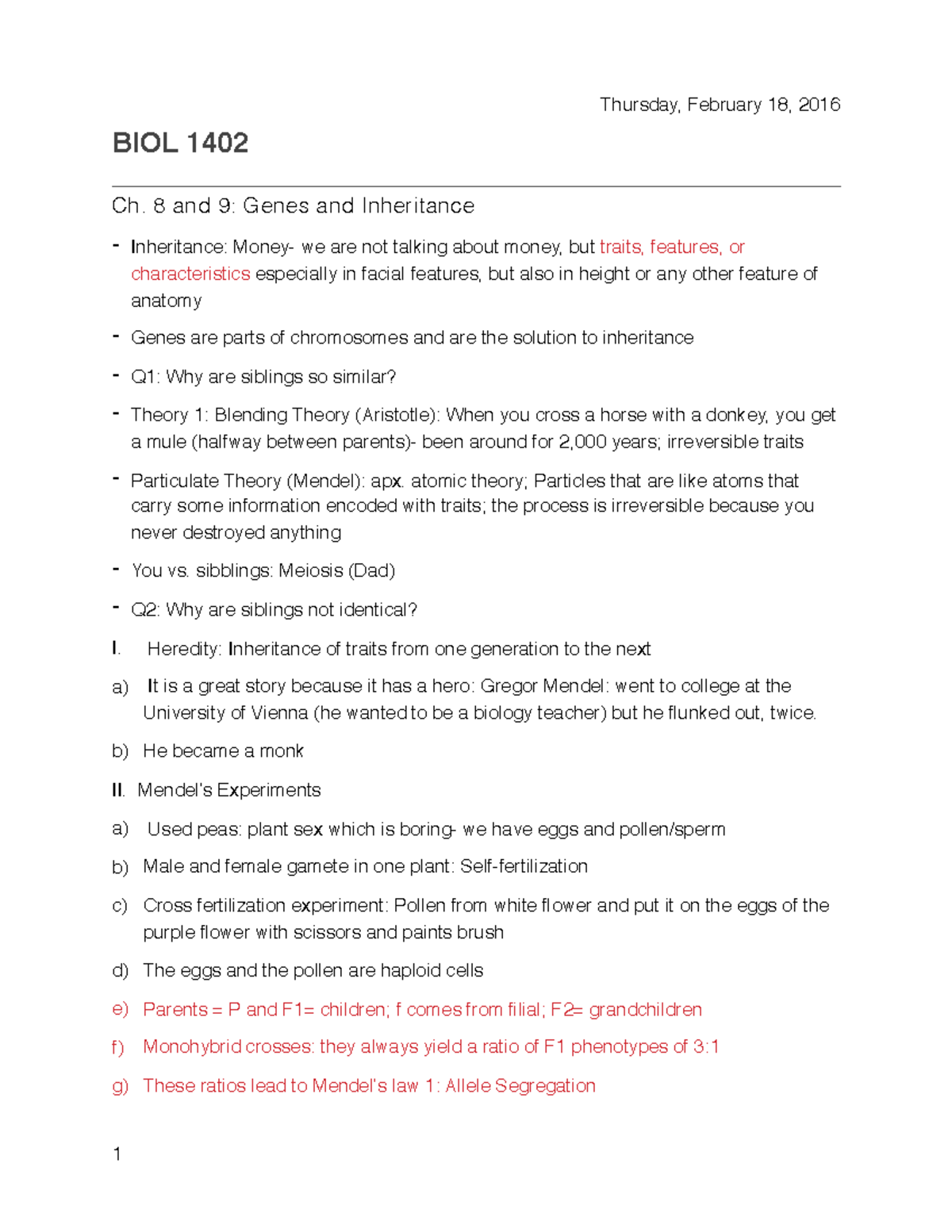 Ch. 8&9: Genes and Inheritance - Thursday, February 18, 2016 BIOL 1402 ...