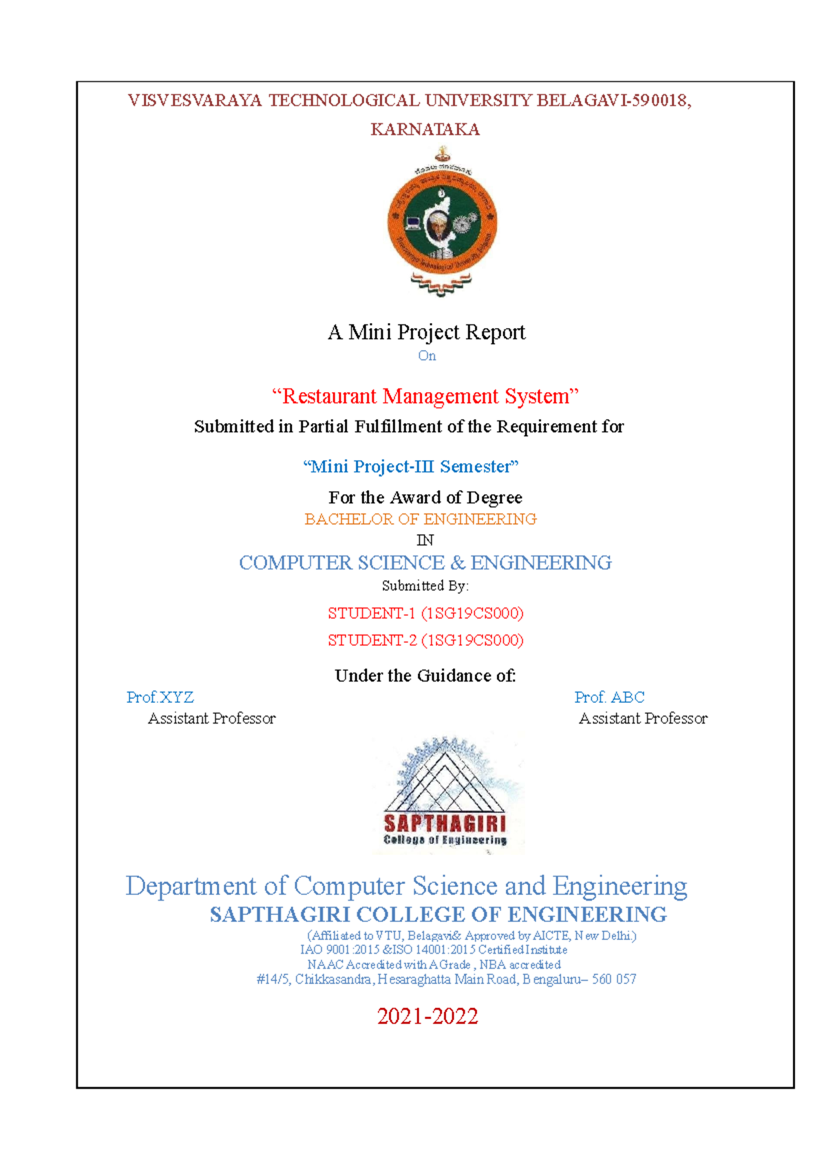 Restaurant management - VISVESVARAYA TECHNOLOGICAL UNIVERSITY BELAGAVI ...