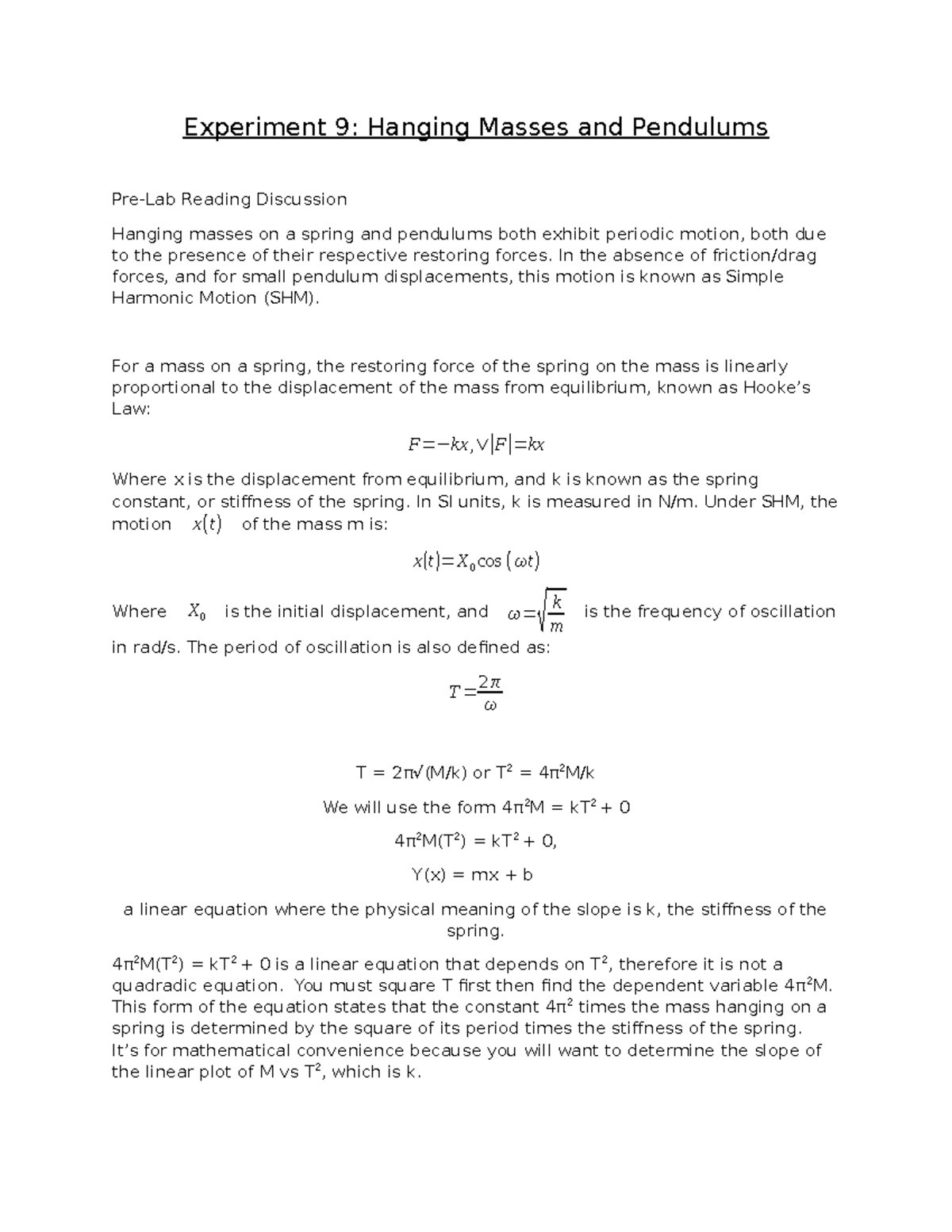 Physics Lab 9 - Experiment 9: Hanging Masses and Pendulums Pre-Lab ...