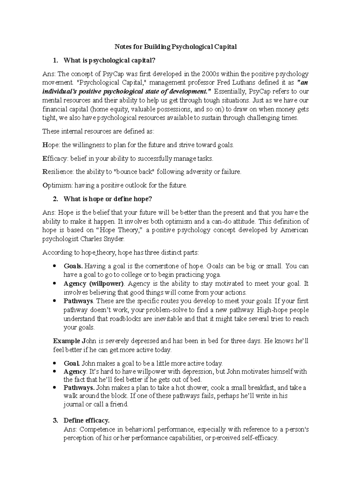 Notes for Building Psychological Capital - "Psychological Capital ...