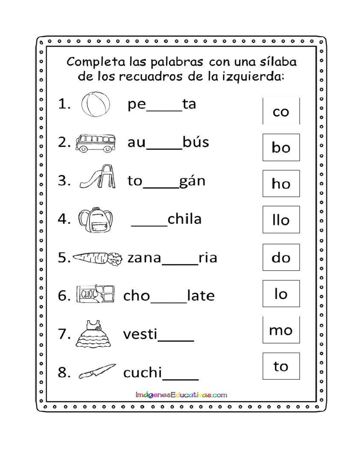 Silabas - tareas - Completa las palabras con una sílaba de los ...