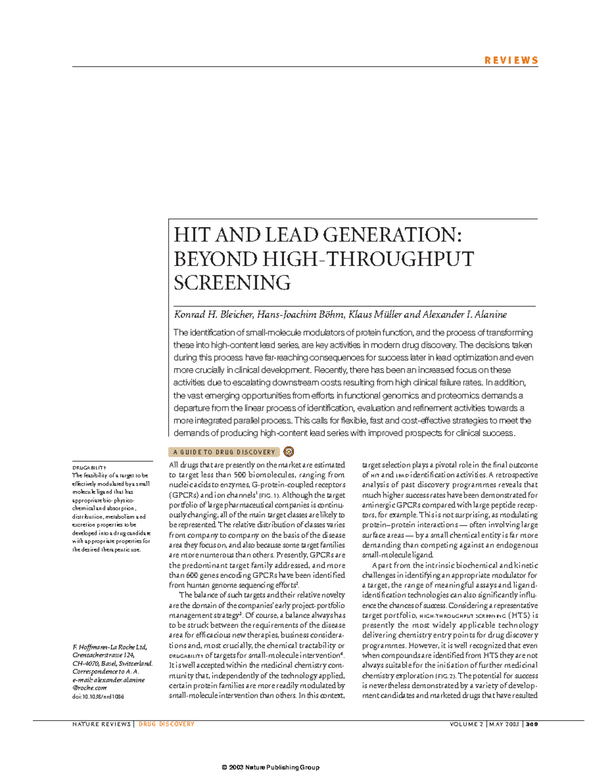Nature DD 2003 369 hits to leads - NATURE REVIEWS | DRUG DISCOVERY ...