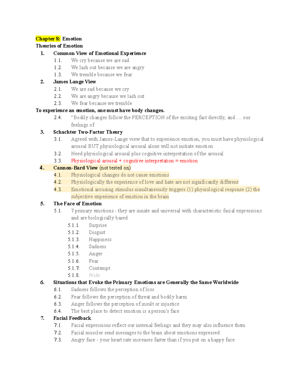 Chapter 8 Psych Notes - Chapter 8: Emotion Theories of Emotion 1 ...