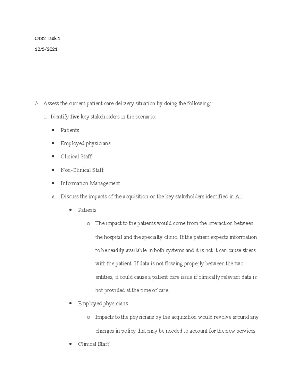 C432 Task 1 - Passed on first review - C432 Task 1 12/5/ A. Assess the current patient care ...