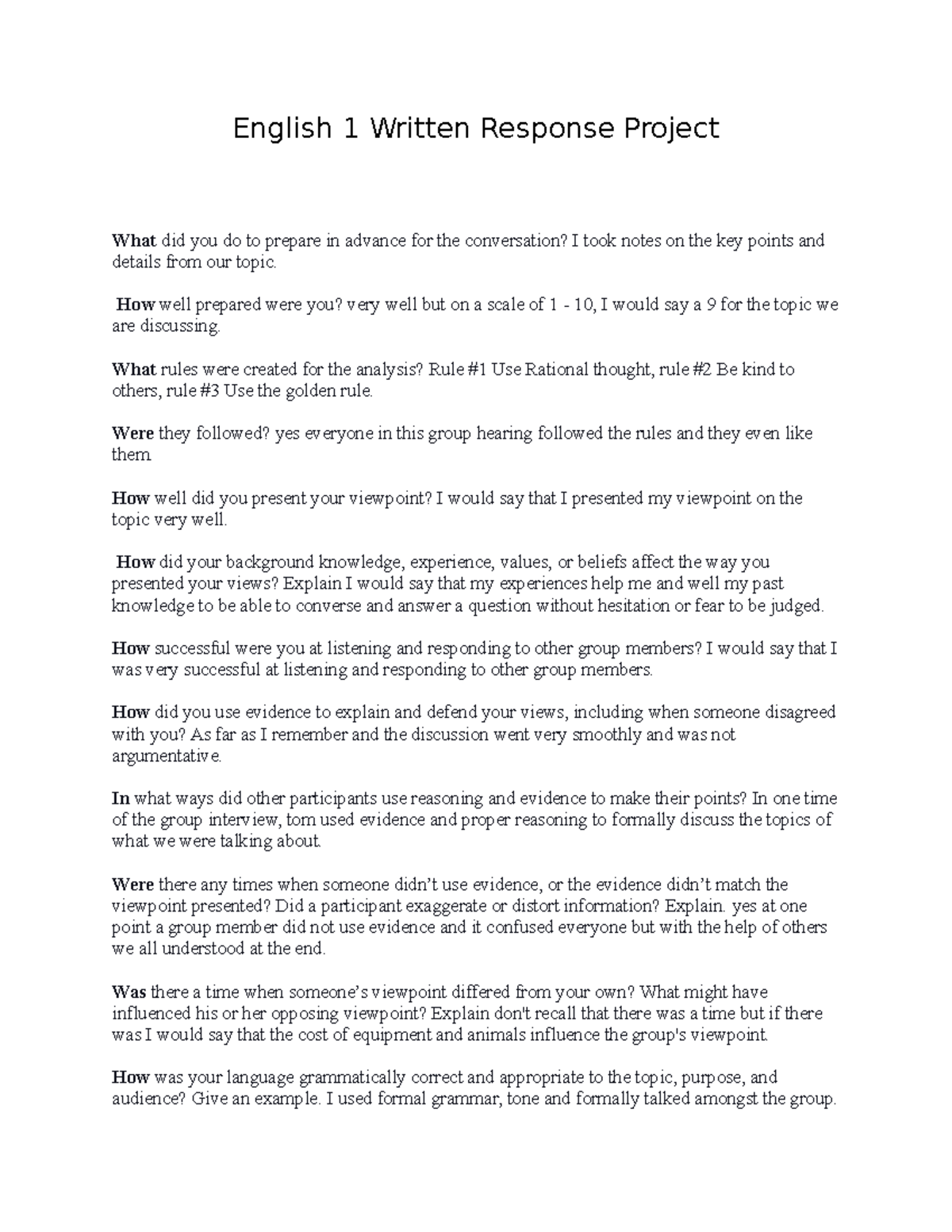 English 1 Written Response Project - English 1 Written Response Project ...