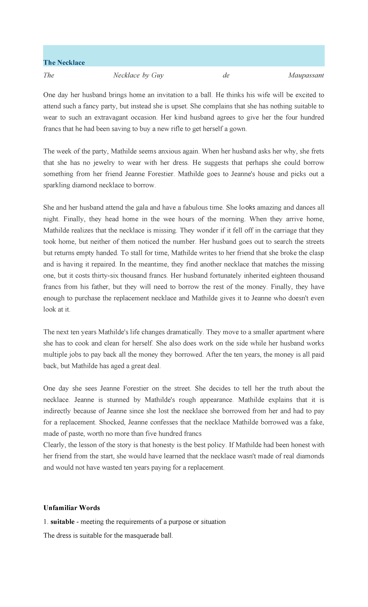 The Necklace om Ang Kwintas ni Guy de Maupassant Performance TASK ...