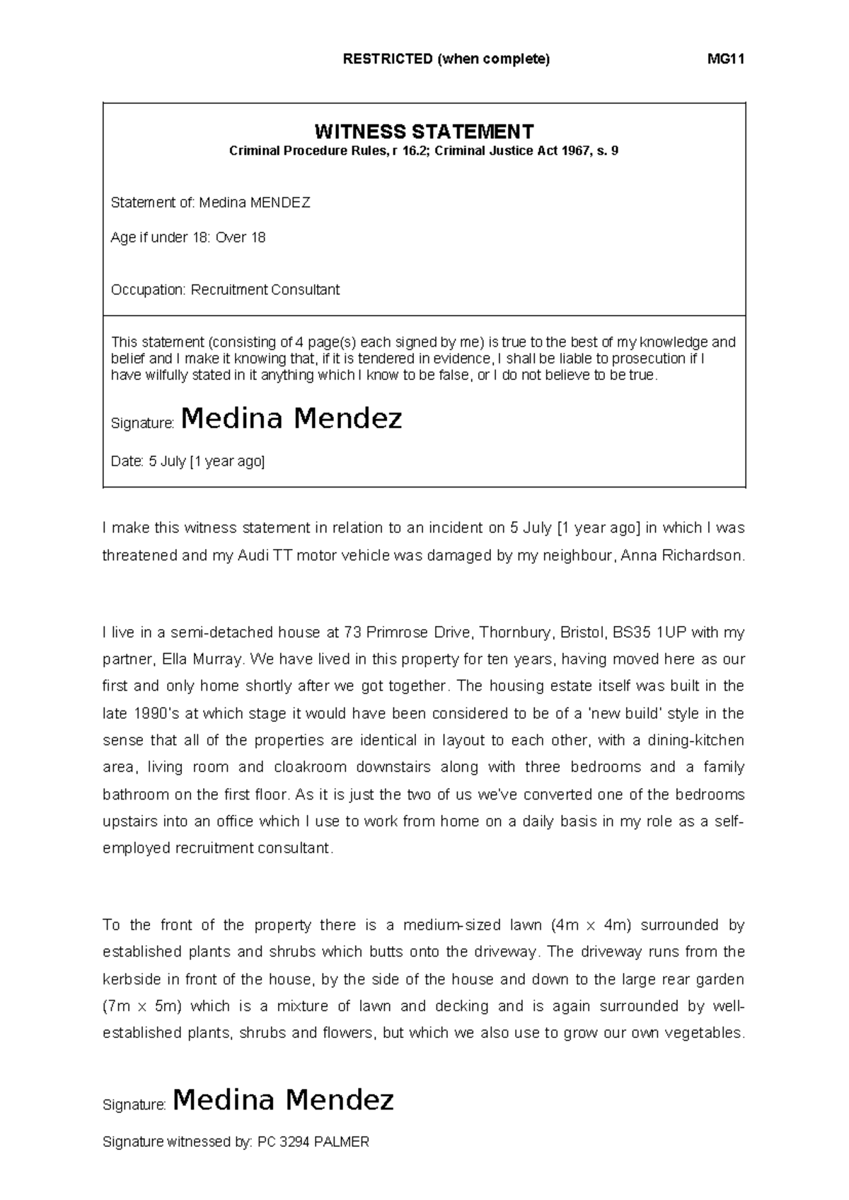 BTC Crime W3 Medina Mendez WS - WITNESS STATEMENT Criminal Procedure ...