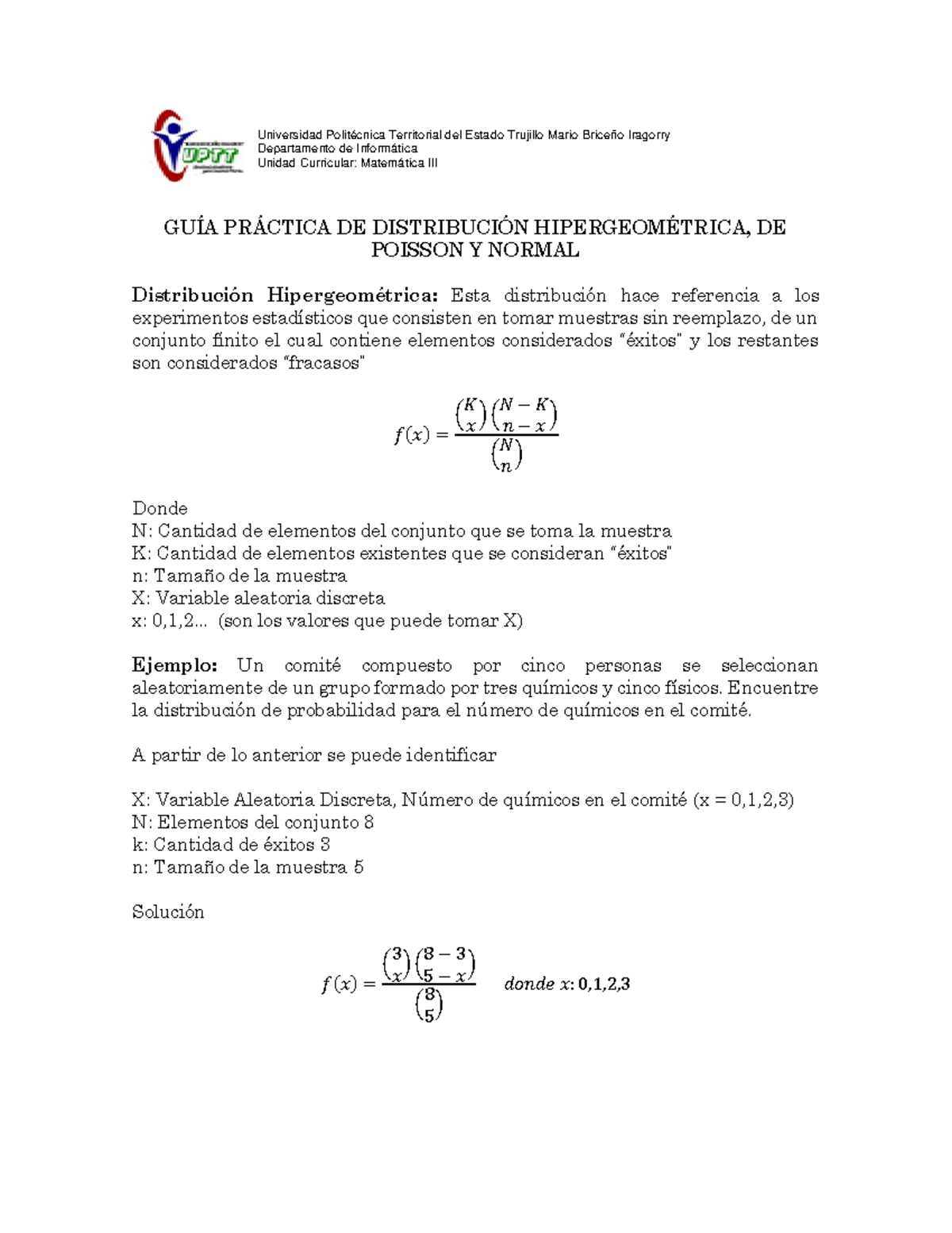 GP DE DIST Hipergeometrica Poisson Y Normal - GUÕA PR¡CTICA DE DISTRIBUCI”N HIPERGEOM.., DE ...