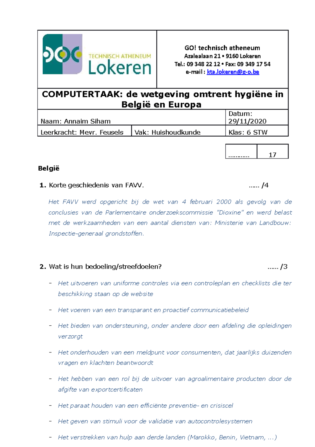 Annaim Siham Hhk FAVV + EFSA - GO! technisch atheneum Azalealaan 21 ...