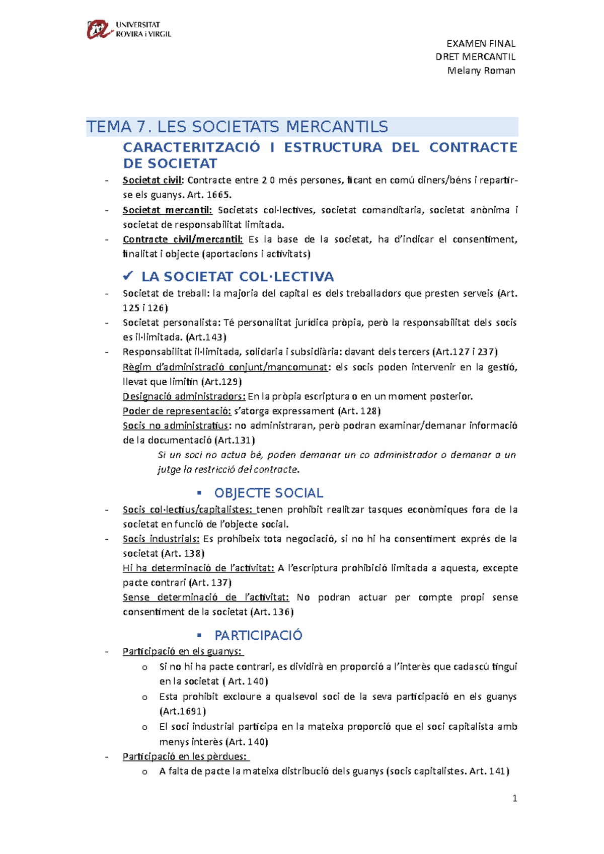 Examen DRET Mercantil - Resumen - DRET MERCANTIL Melany Roman TEMA 7 ...