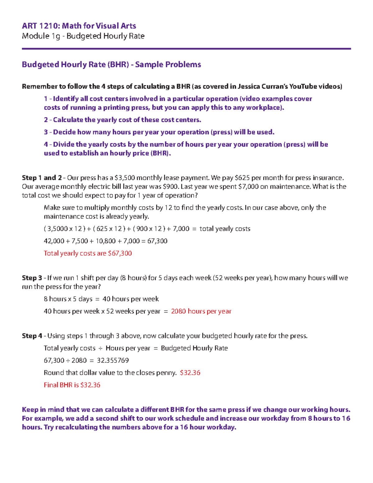 1g BHR sample worksheet - ART 1210: Math for Visual Arts Module 1g ...