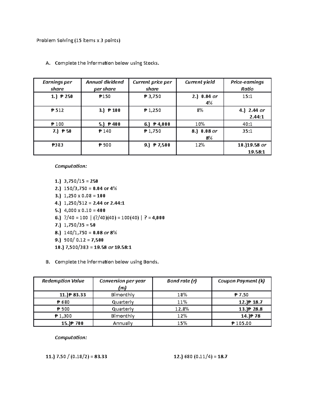 5 TP MMW - Stock and bond - Problem Solving (15 items x 3 points) A. Complete the information ...