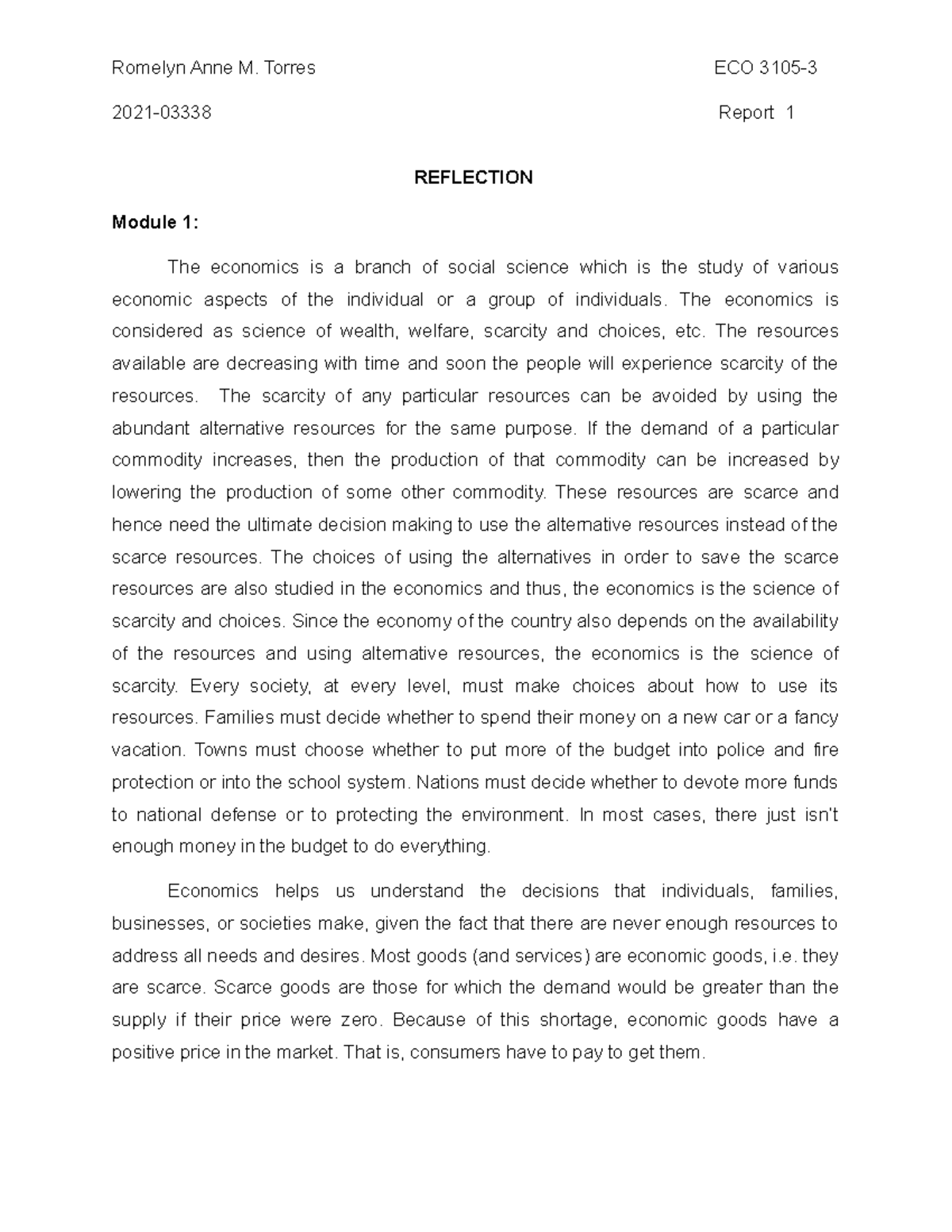 Torres Managerial Eco Reflection - 2021-03338 Report 1 REFLECTION ...