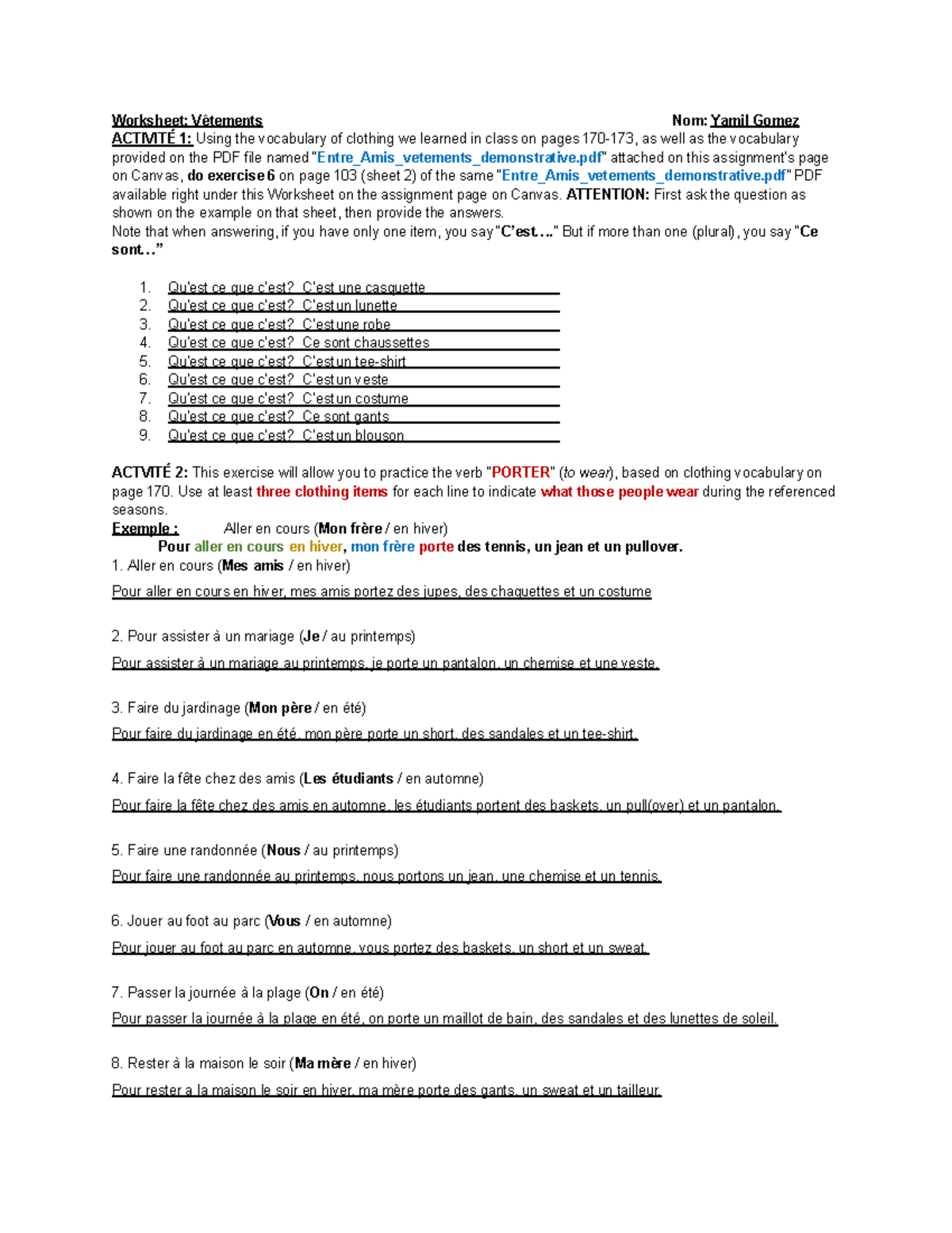 HW5 French - Worksheet: Vêtements Nom: Yamil Gomez ACTIVITÉ 1: Using ...