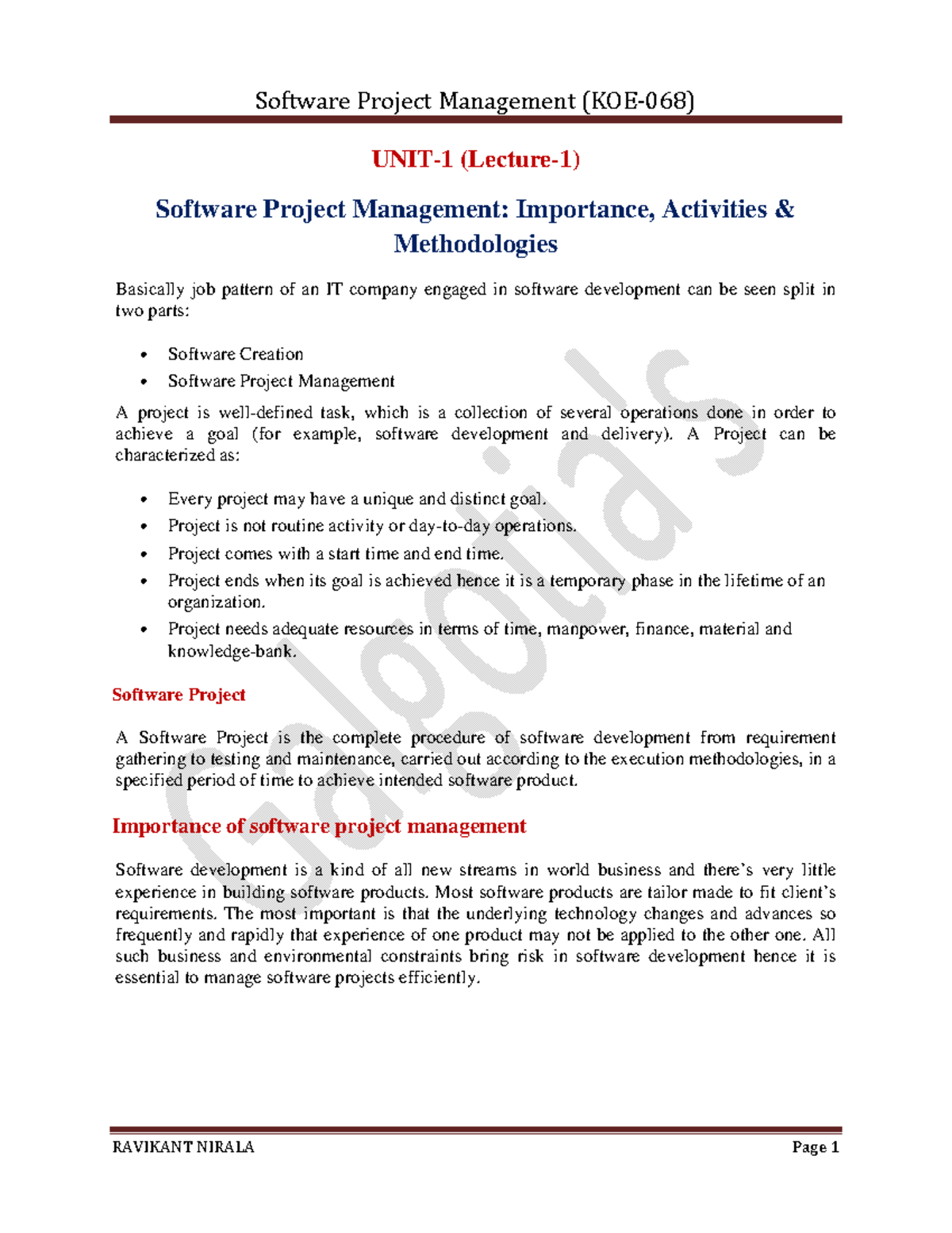 Spm Unit 1 2 Spm Unit 5 Lecture Notes For Spm Aktu Unit 1 Lecture 1 Software Project