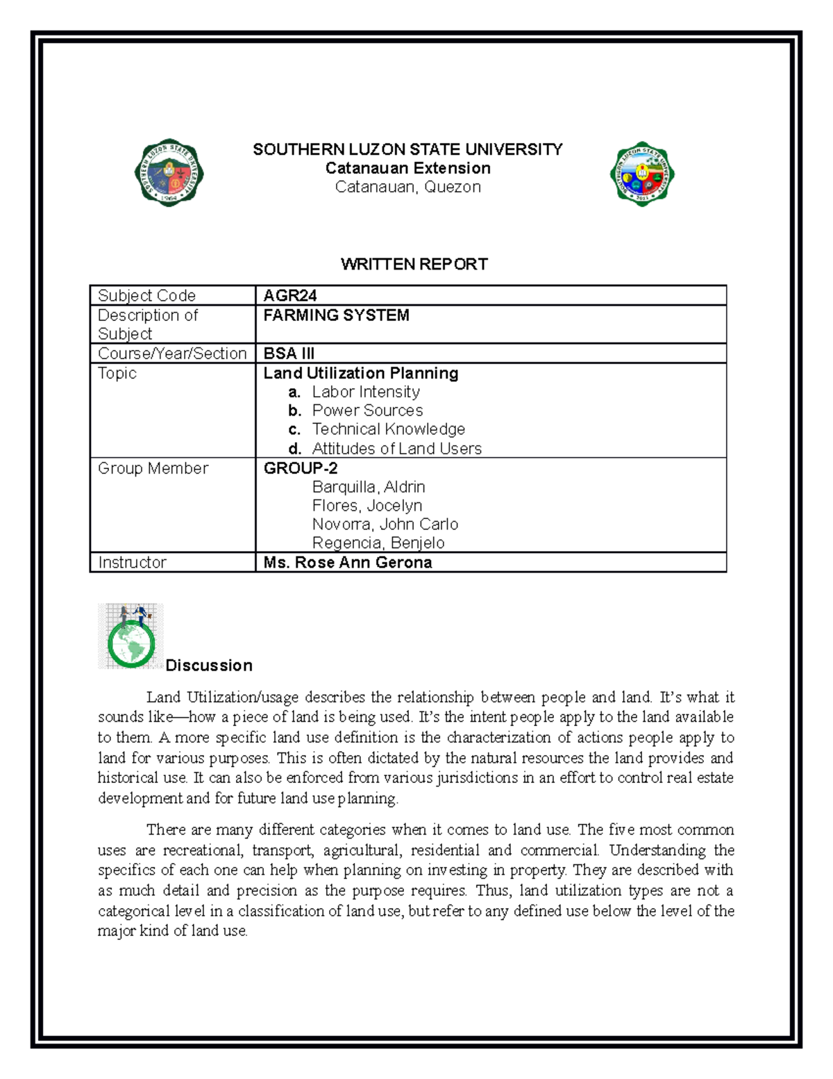 Farming system report - WRITTEN REPORT Subject Code AGR Description of ...