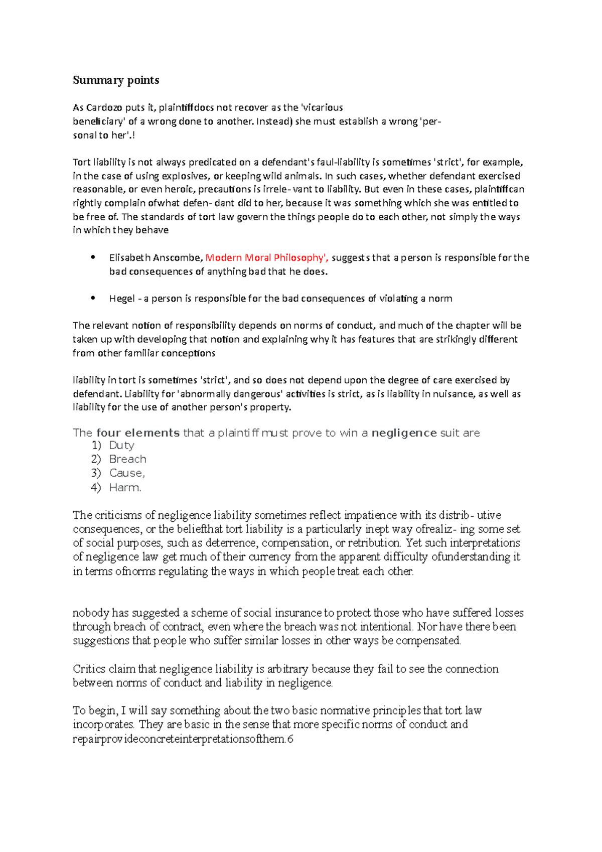 Philosophy of tort law summary points - Summary points As Cardozo puts ...